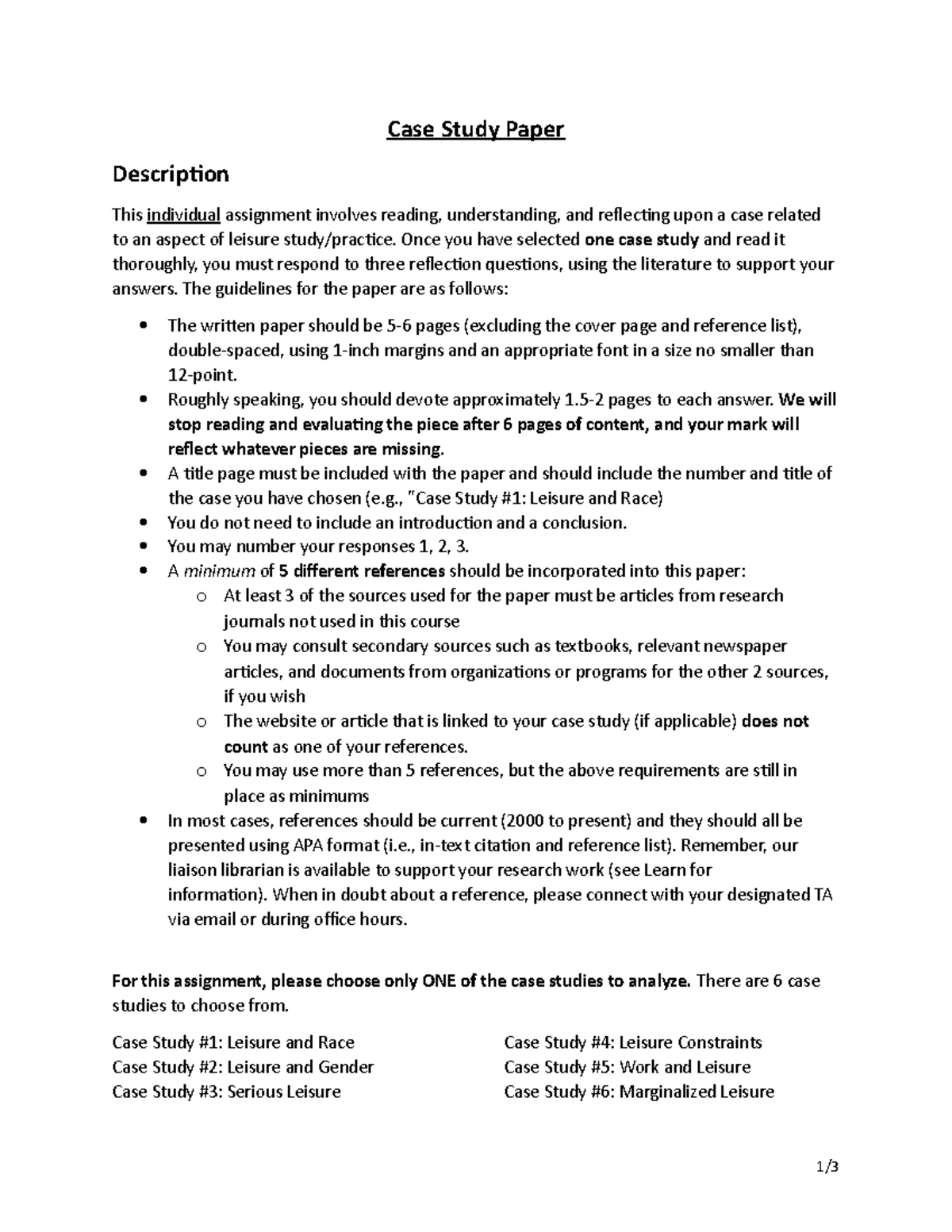 Case Study Assignment - Instructions and Evaluation - Case Study Paper ...