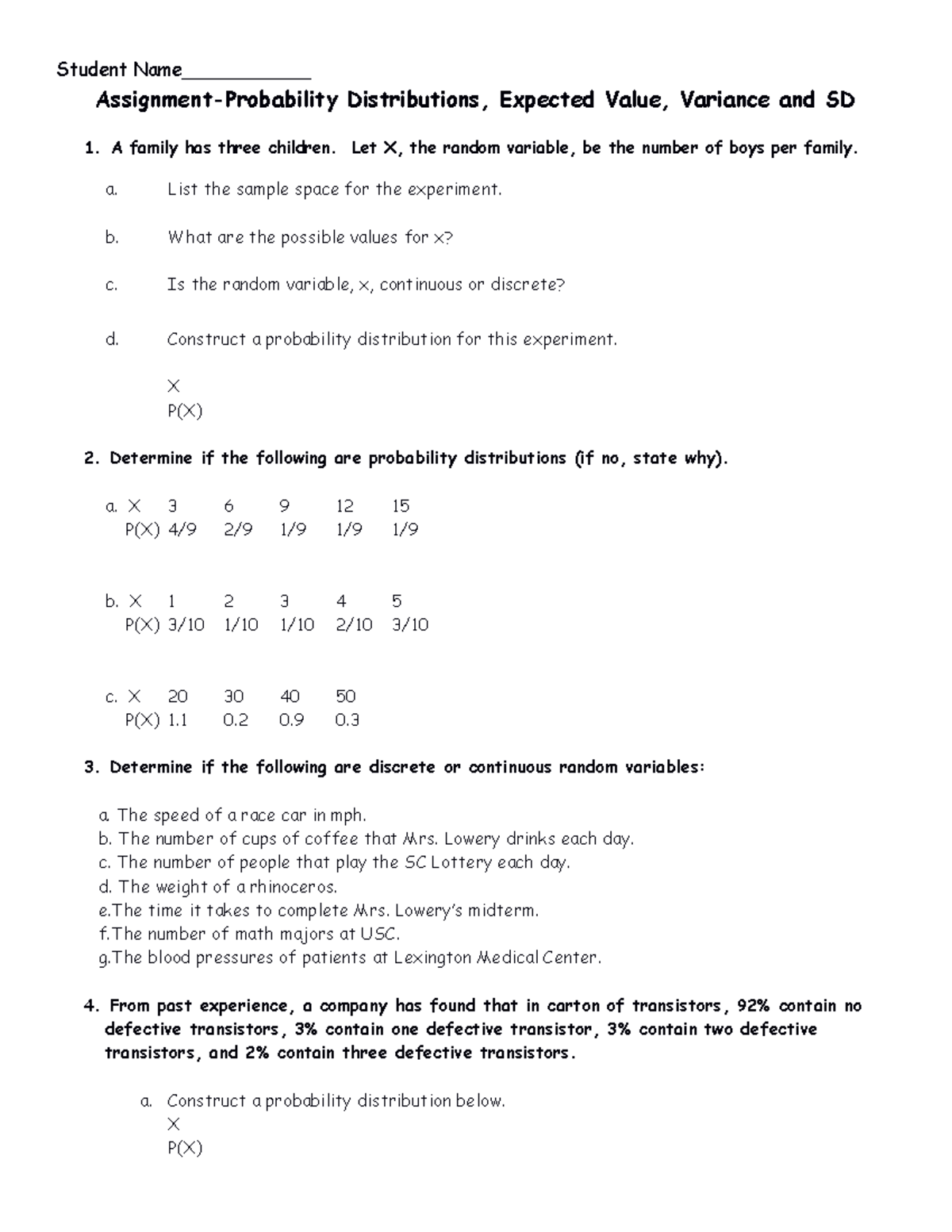 @@Worksheet 4- Probability Distributions, Mean, Var and SD - Student ... @@Worksheet 4- Probability Distributions, Mean, Var and SD - Student ...