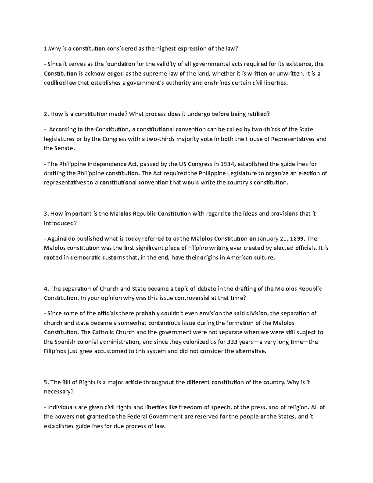 RIPH-ANS - 1. Why is a constitution considered as the highest expression of the law? 2. - 1 is a ...