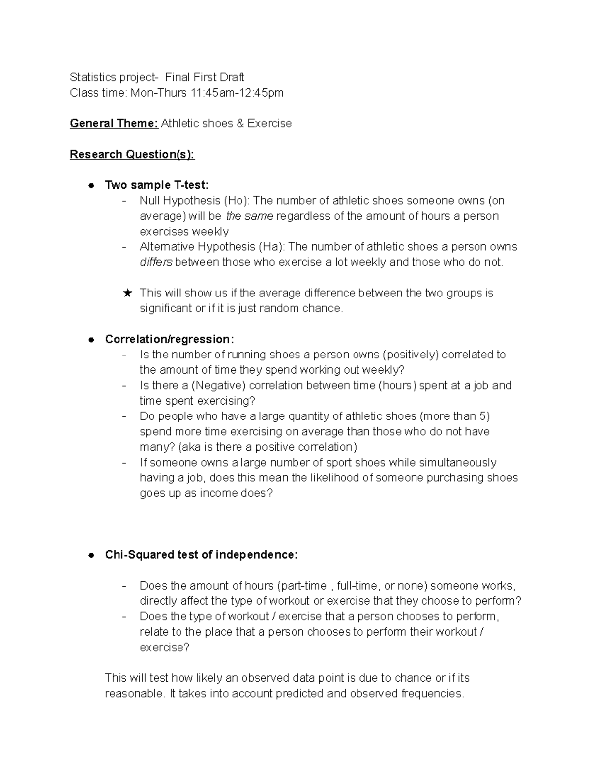 Statistics project part 1 - Statistics project- Final First Draft Class ...