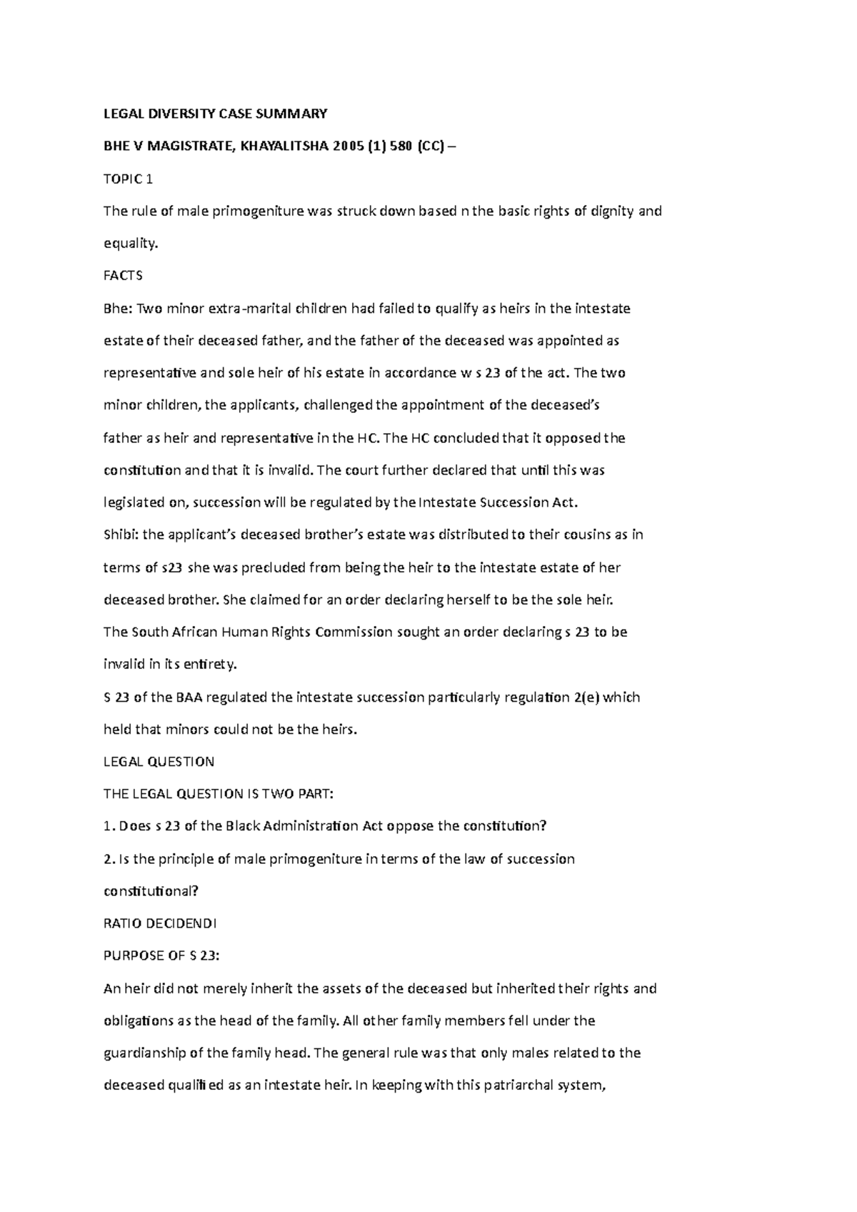 LD case summary- Bhe - LEGAL DIVERSITY CASE SUMMARY BHE V MAGISTRATE ...