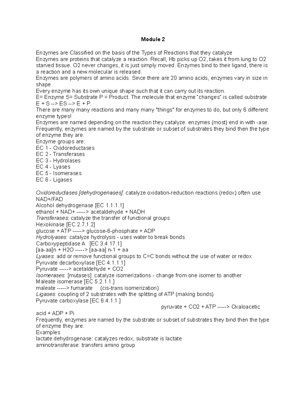 Biochemistry notes- module 2 - Module 2 Enzymes are Classified on the ...