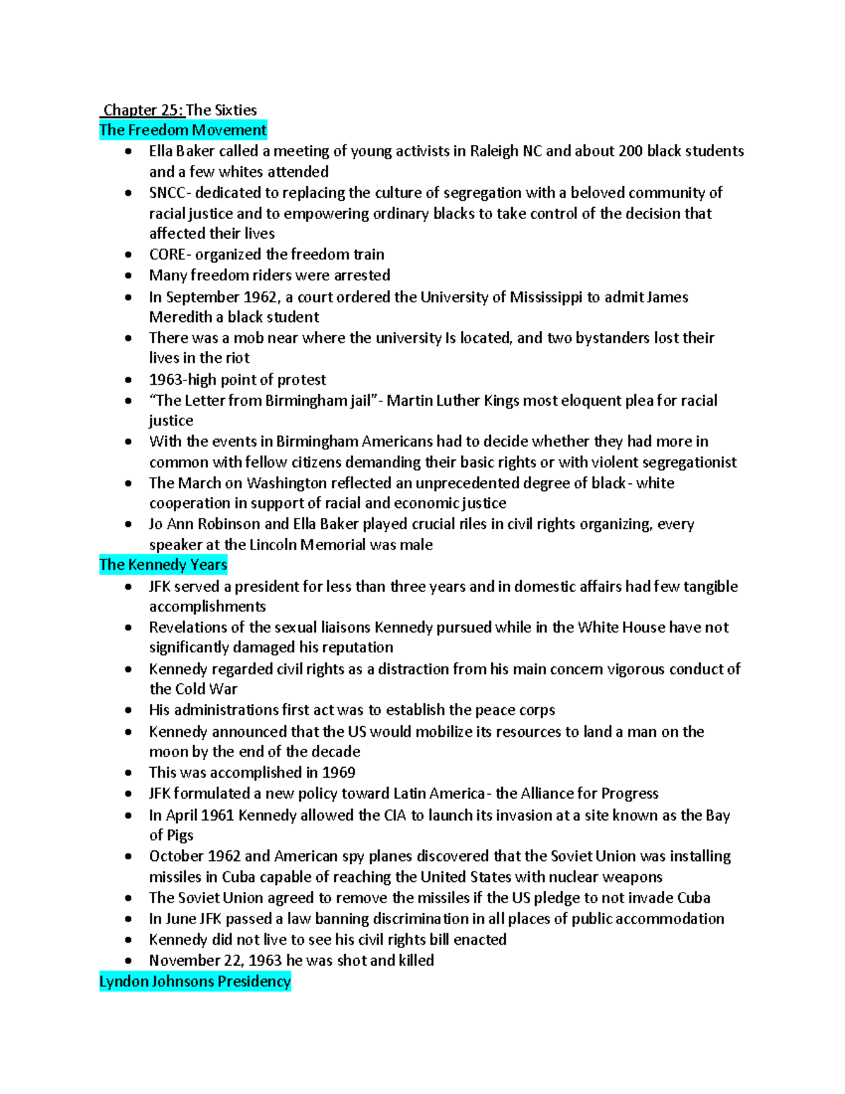Chapter 25 Notes - Chapter 25: The Sixties The Freedom Movement Ella ...