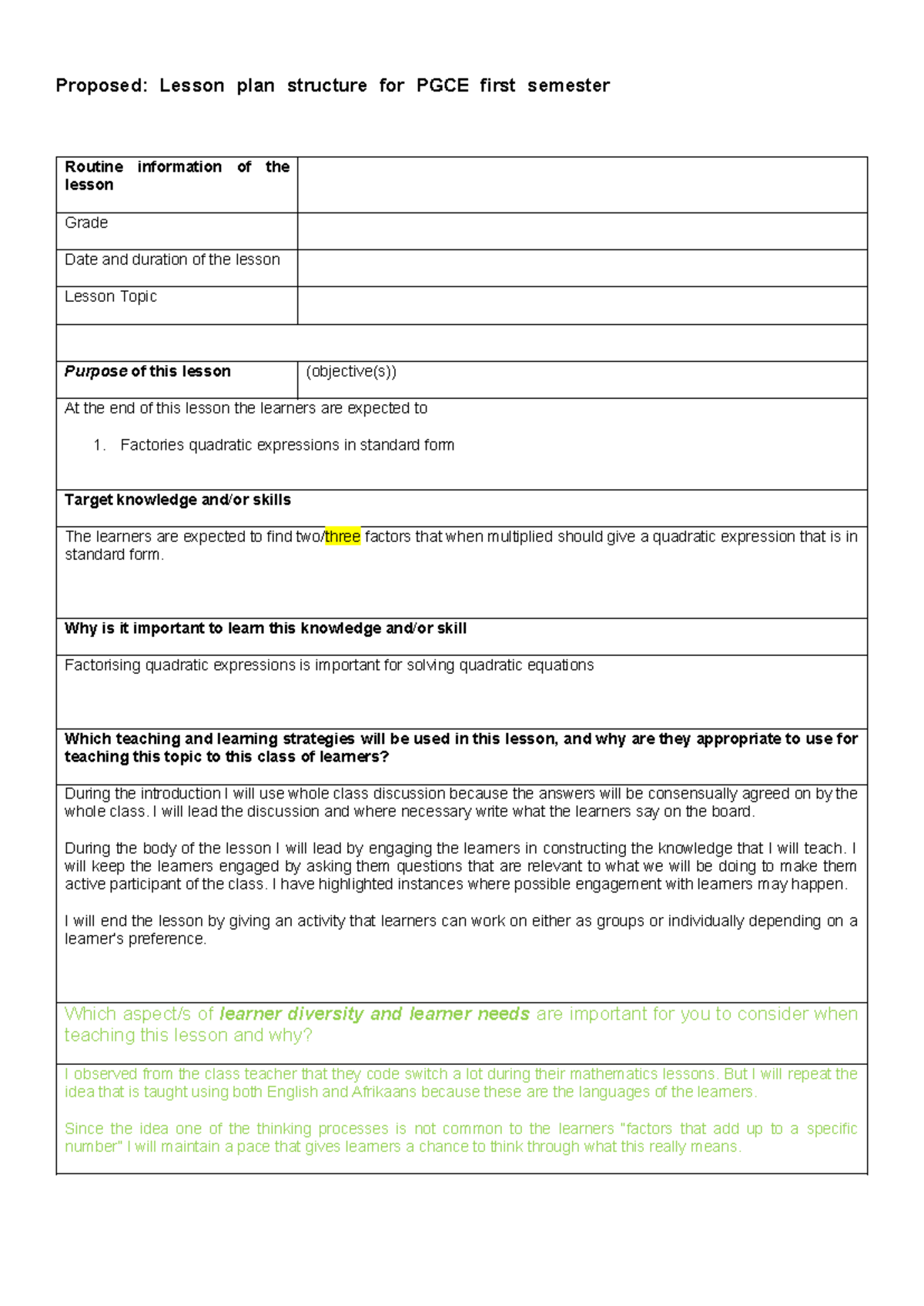 Proposed lesson plan for PGCE semester 1 - Proposed: Lesson plan ...