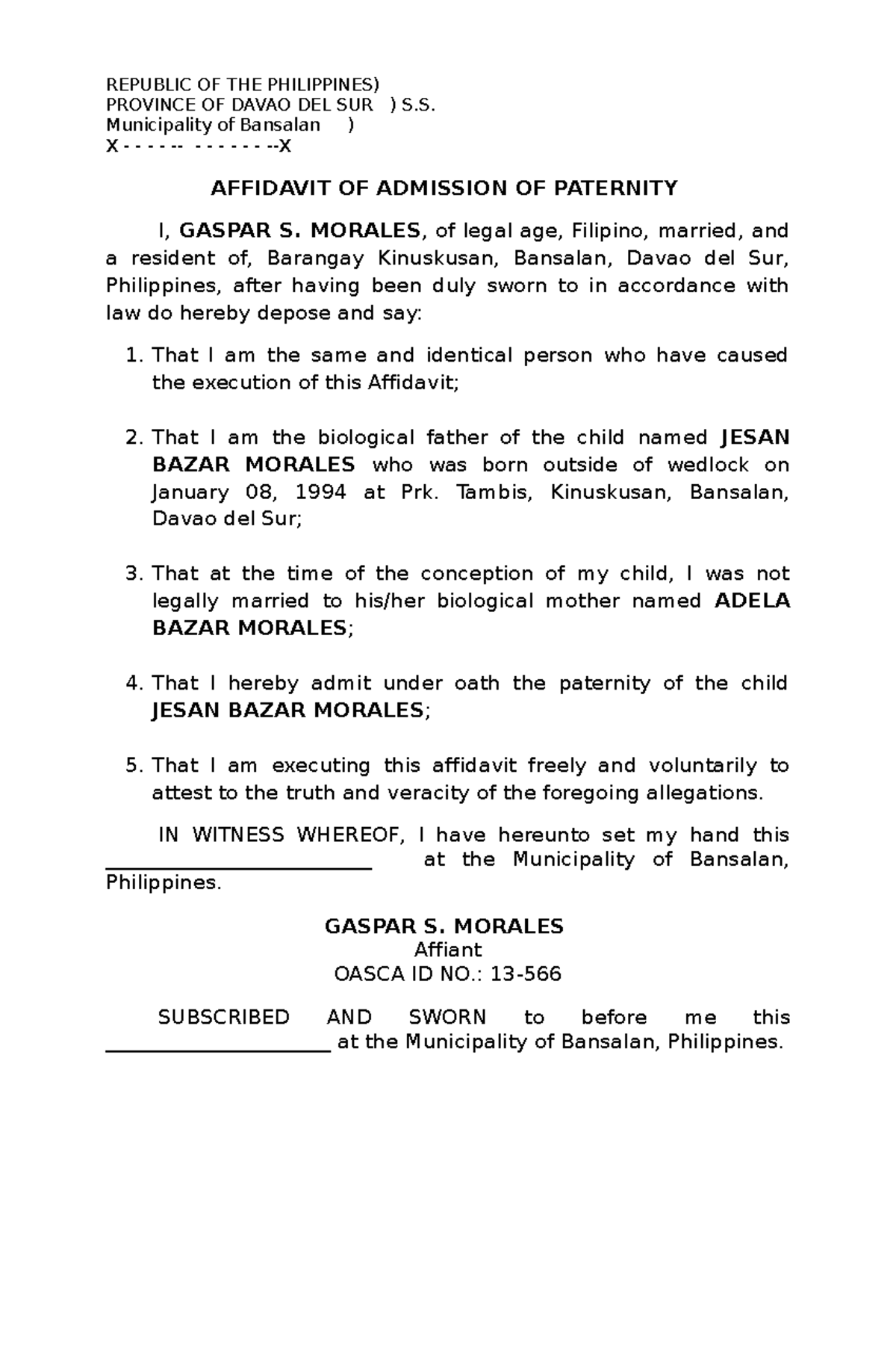 Affidavit Admission OF Paternity AND Consent TO USE THE Surname OF THE ...