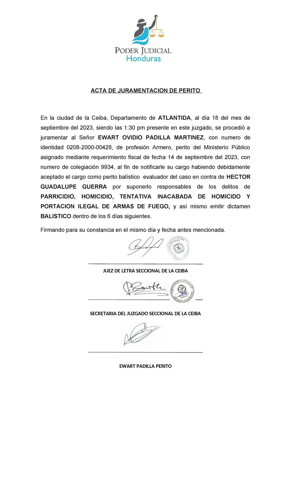 Actas Peritos - Bolos - civil - ACTA DE JURAMENTACION DE PERITO En la ...