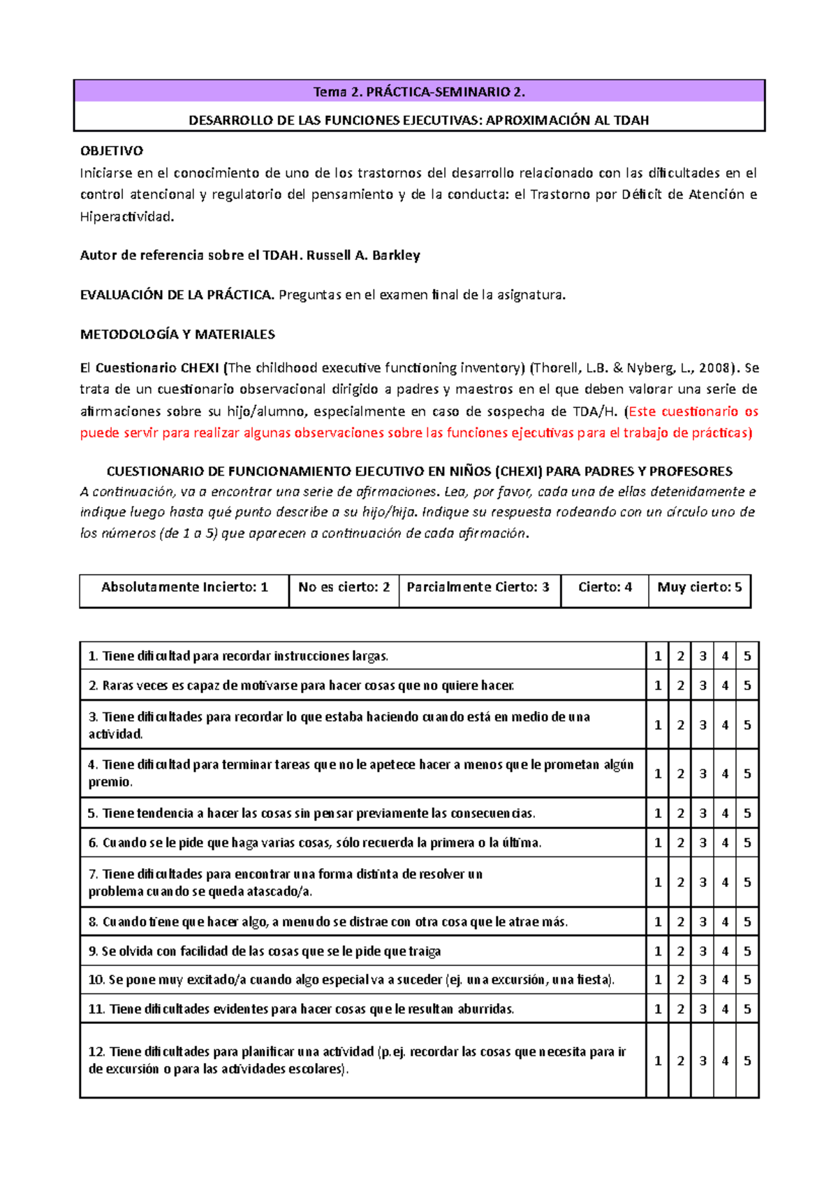 Orientaciones y materiales Práctica-Seminario 2. Chexi y TDAH - Tema 2 ...