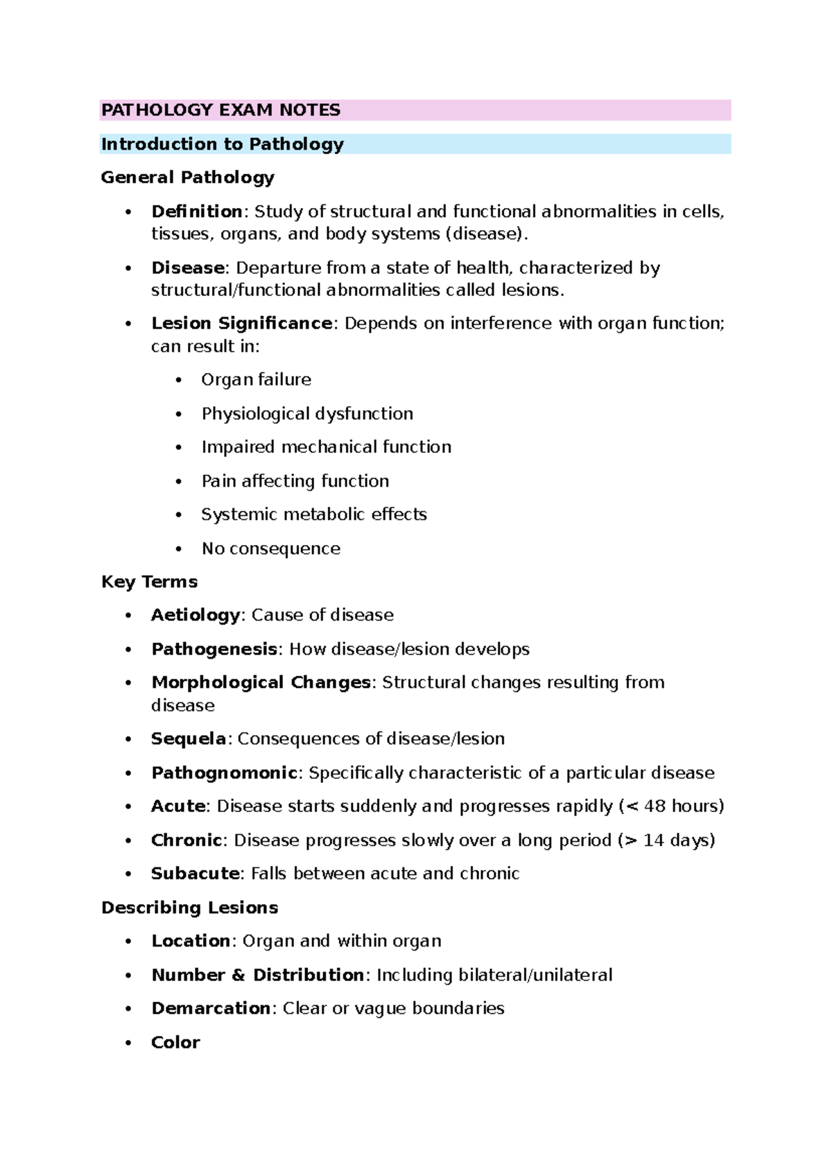 Pathology Exam Notes - PATHOLOGY EXAM NOTES Introduction to Pathology ...