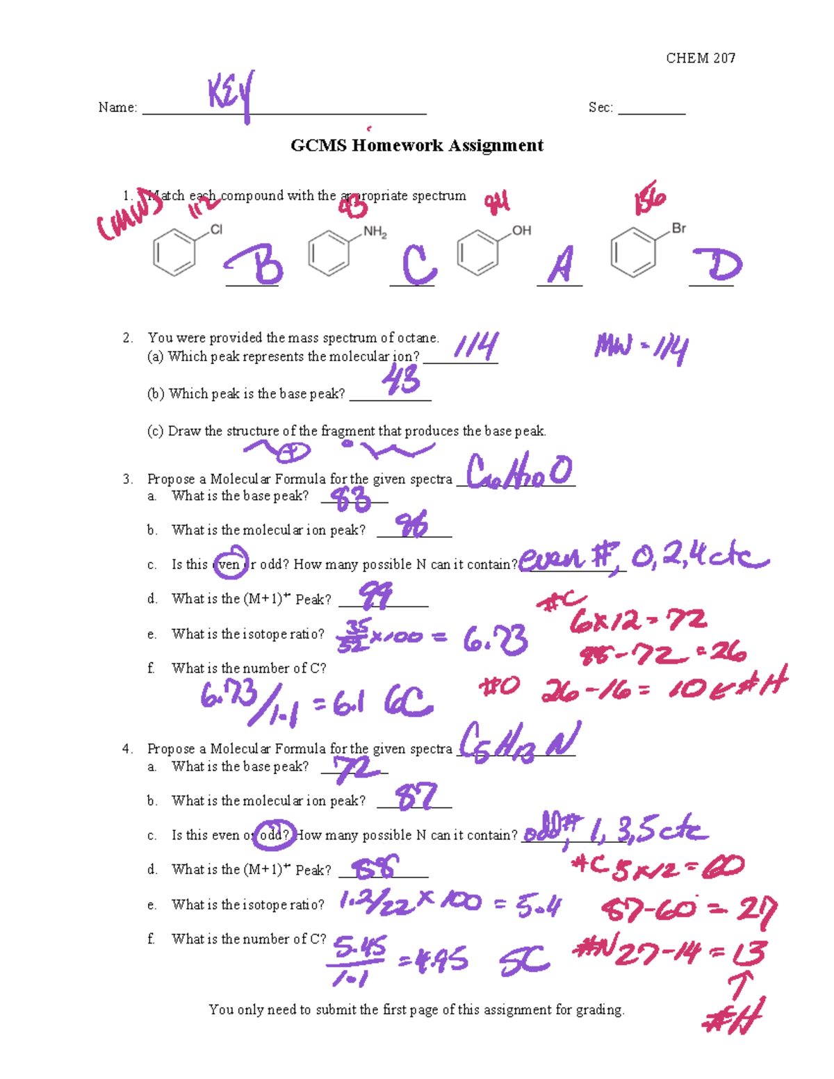 GCMS Homework Assignment Answer Key - You only need to submit the first ...