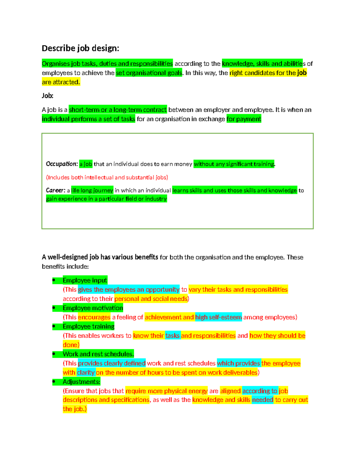 Unit 5 - notes on unit 5 - Describe job design: Organises job tasks ...