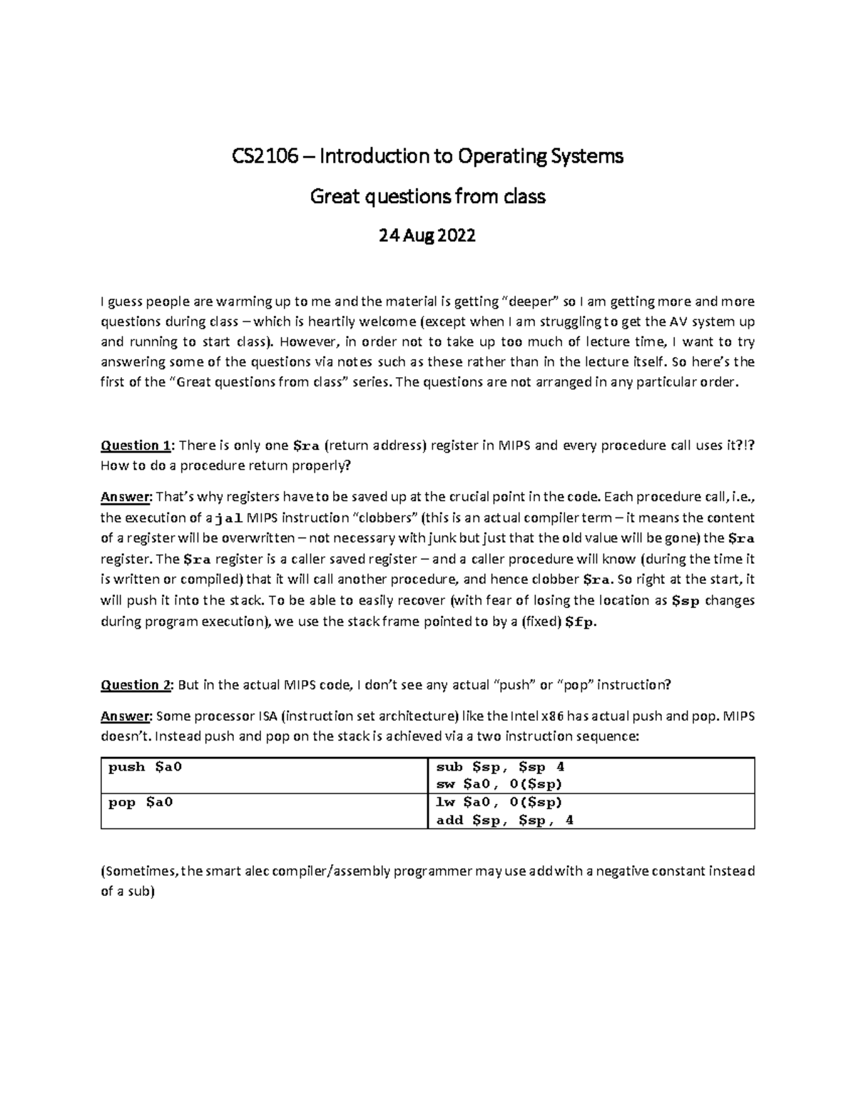 Great questions - 24 Aug 2022 - version 1 - CS 2106 – Introduction to Operating Systems Great ...