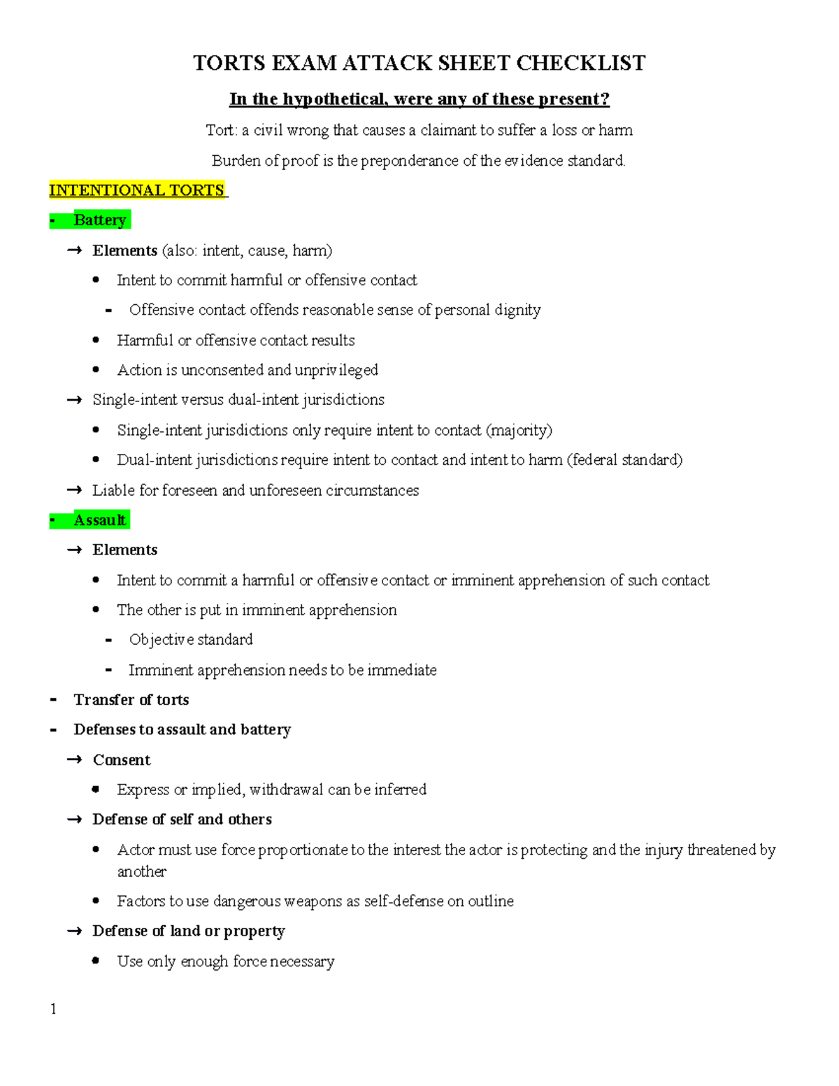 Torts EXAM Attack Sheet Checklist - TORTS EXAM ATTACK SHEET CHECKLIST ...