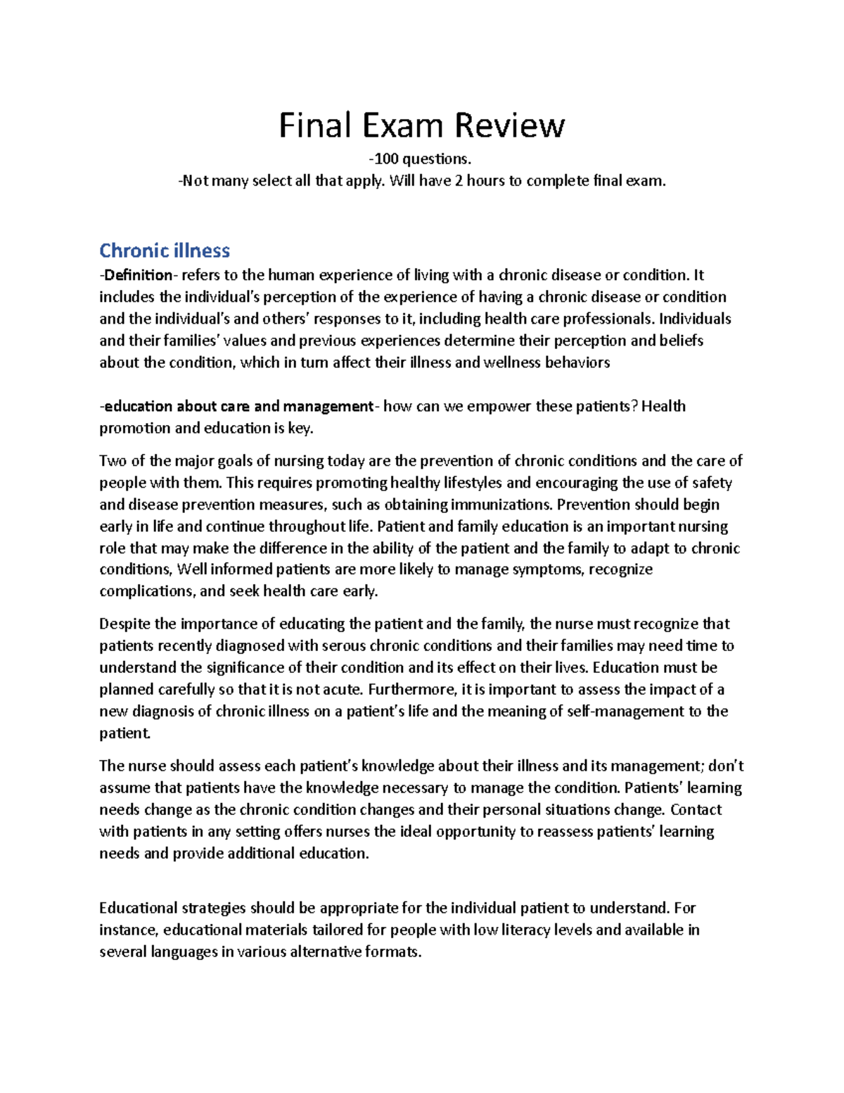 Final review- M - notes - Final Exam Review -100 questions. -Not many ...