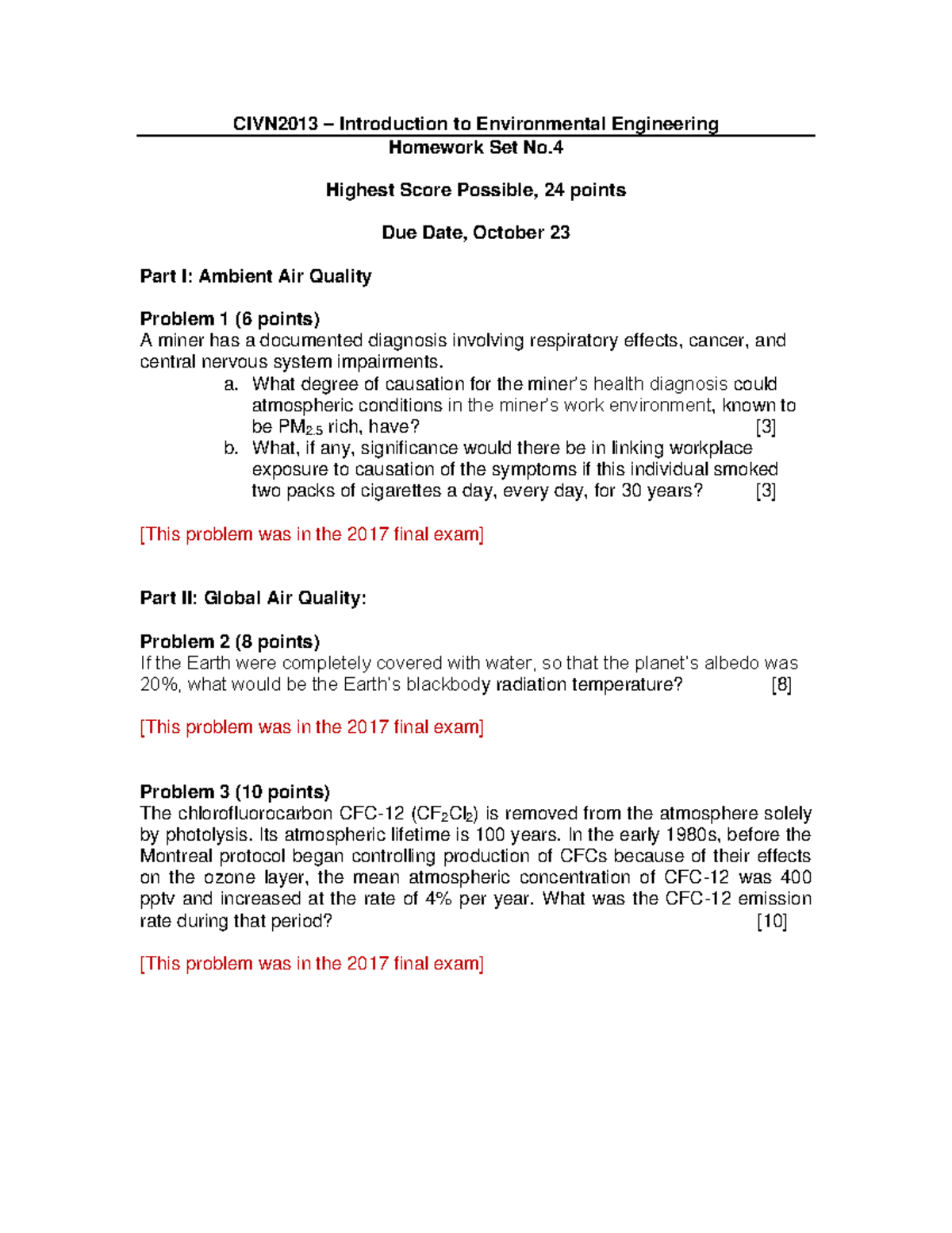 Homework Assignment 4 Problem Statements - CIVN2013 – Introduction to Environmental Engineering ...