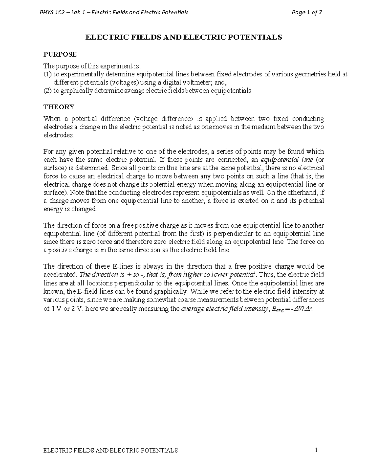 1 Electric Fields AND Electric Potentials Lab 032822 - ELECTRIC FIELDS AND ELECTRIC POTENTIALS 1 ...