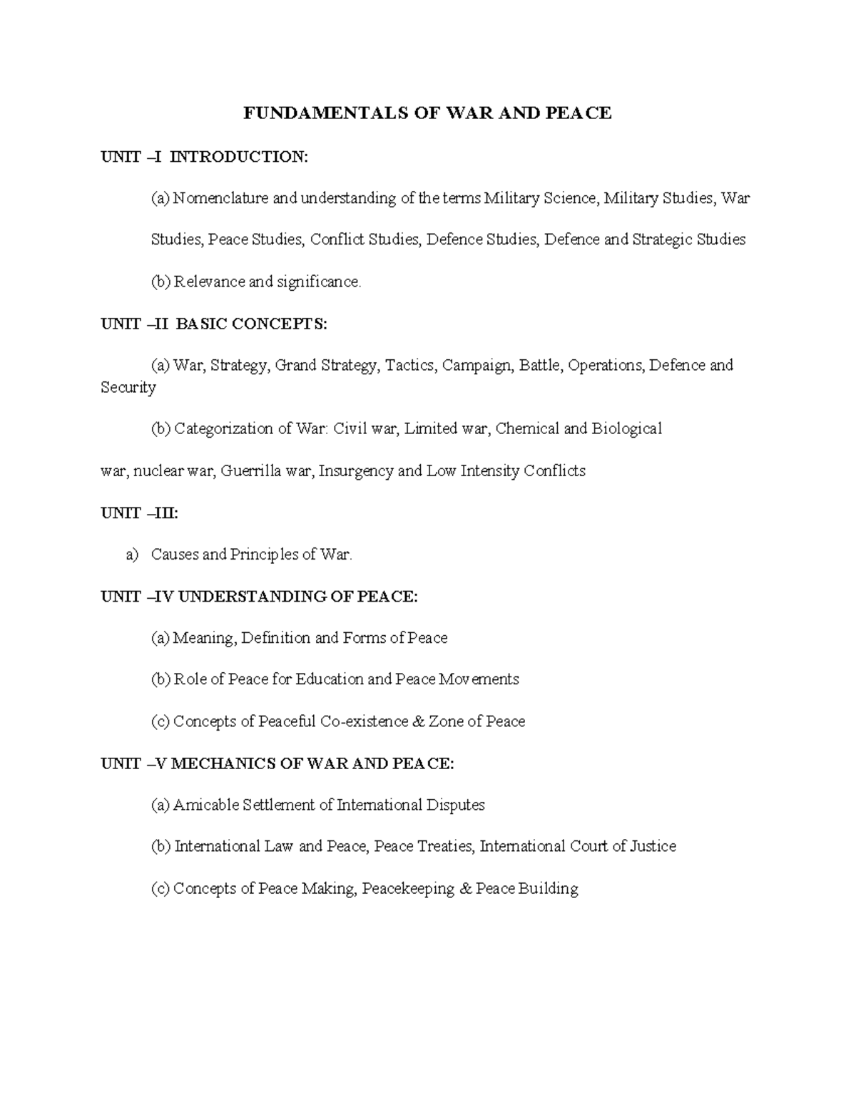 Fundamental of War and Peace - FUNDAMENTALS OF WAR AND PEACE UNIT –I ...
