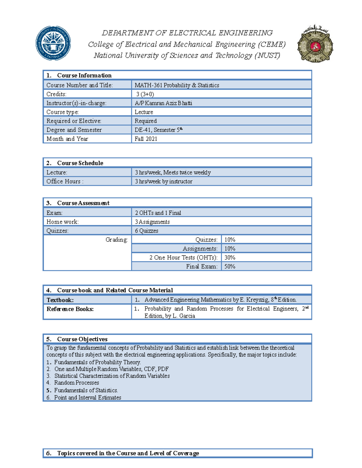 MATH-361 Probability Statistics Course Outline - DEPARTMENT OF ...