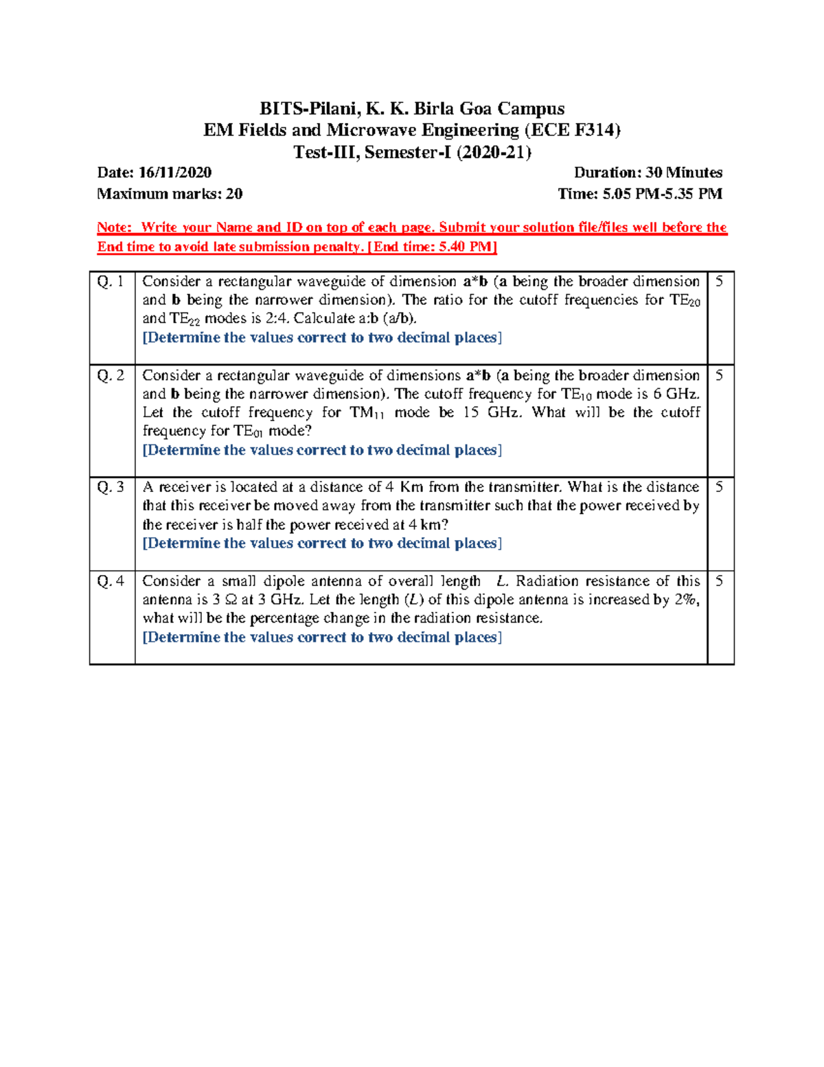 Test Number - 3 - BITS-Pilani, K. K. Birla Goa Campus EM Fields and ...