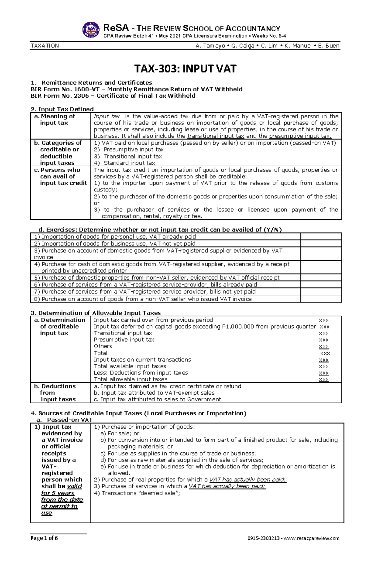 TAX-303-VAT - reviewer - ReSA - THE REVIEW SCHOOL OF ACCOUNTANCY CPA ...