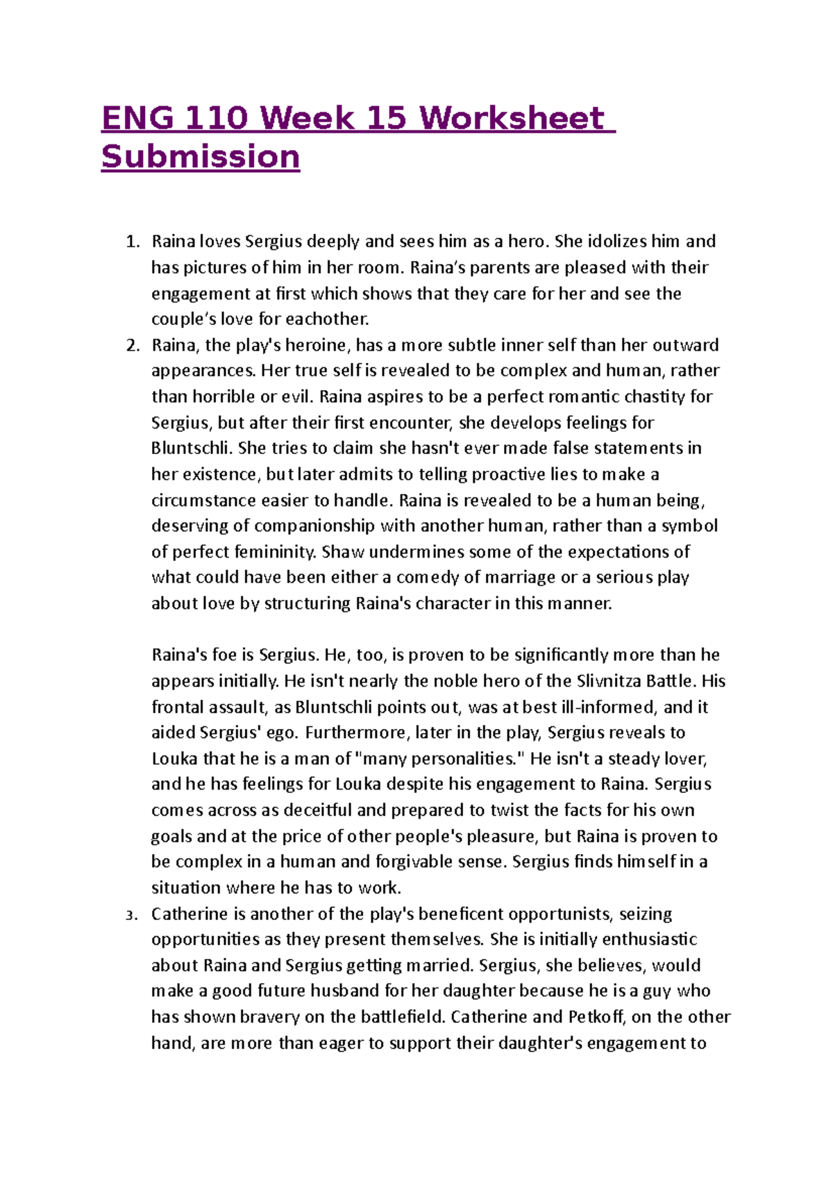 Eng worksheet - ENG 110 Week 15 Worksheet Submission Raina loves ...