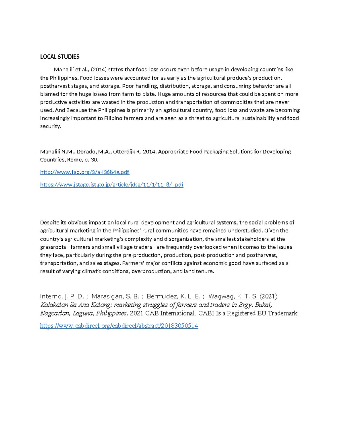 Local AND Foreign Studies - LOCAL STUDIES Manalili et al., (2014 ...