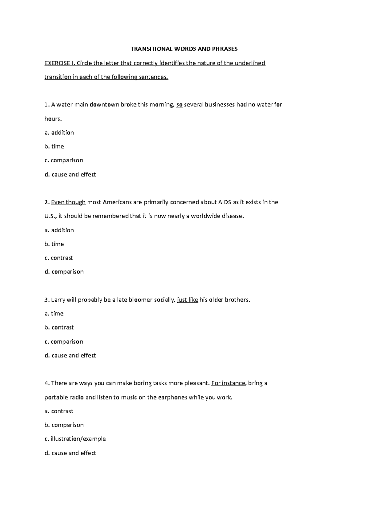 LEED 1301 W2.5 Exercise Transition markers - TRANSITIONAL WORDS AND ...