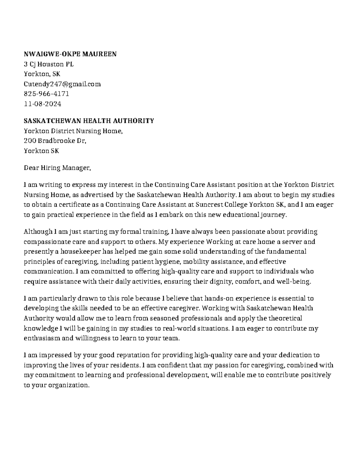 Cover Letter COR CARE Giver - NWAIGWE-OKPE MAUREEN 3 Cj Houston PL ...