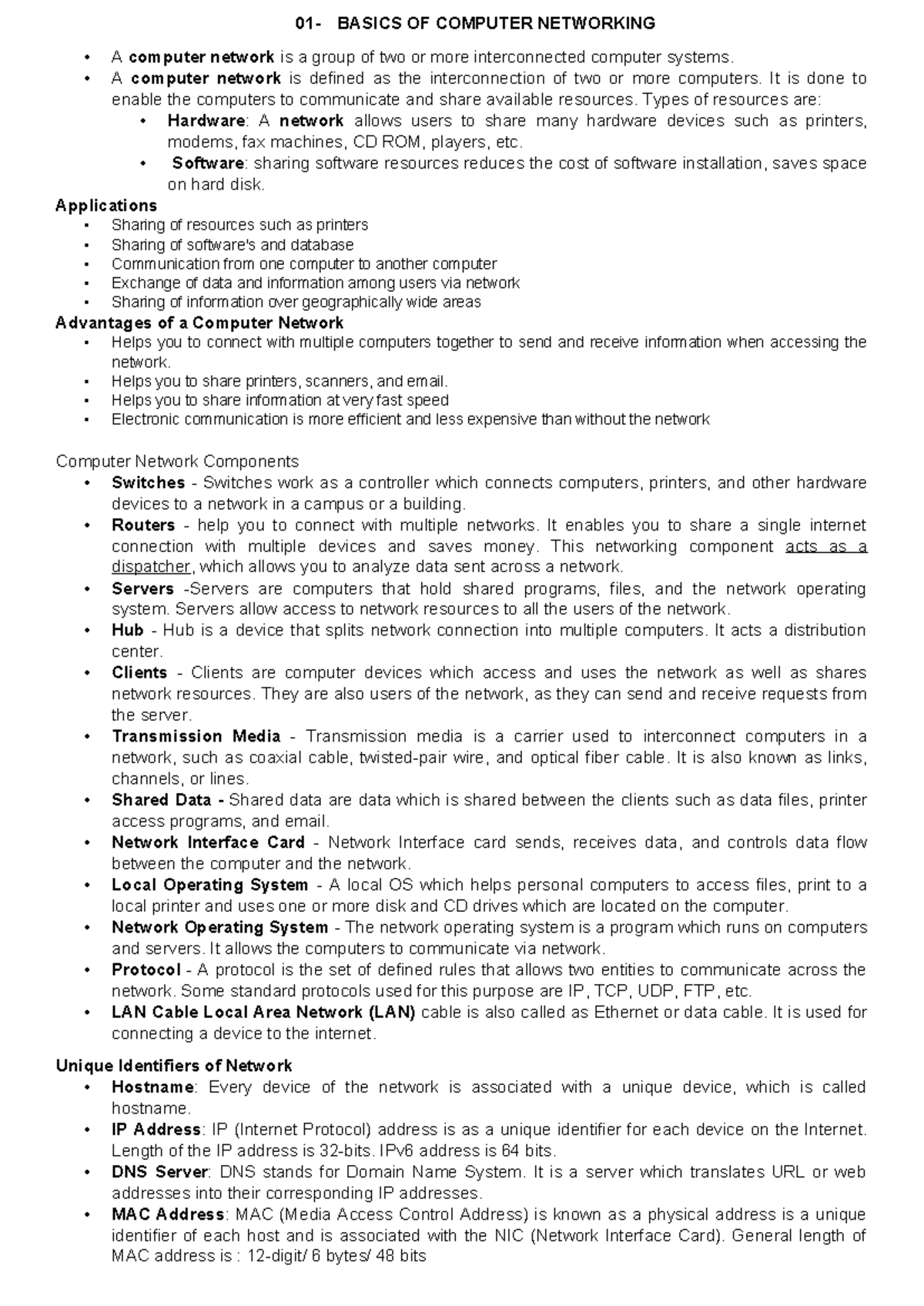 Networking 101 midterm reviewer - 01- BASICS OF COMPUTER NETWORKING • A computer network is a ...