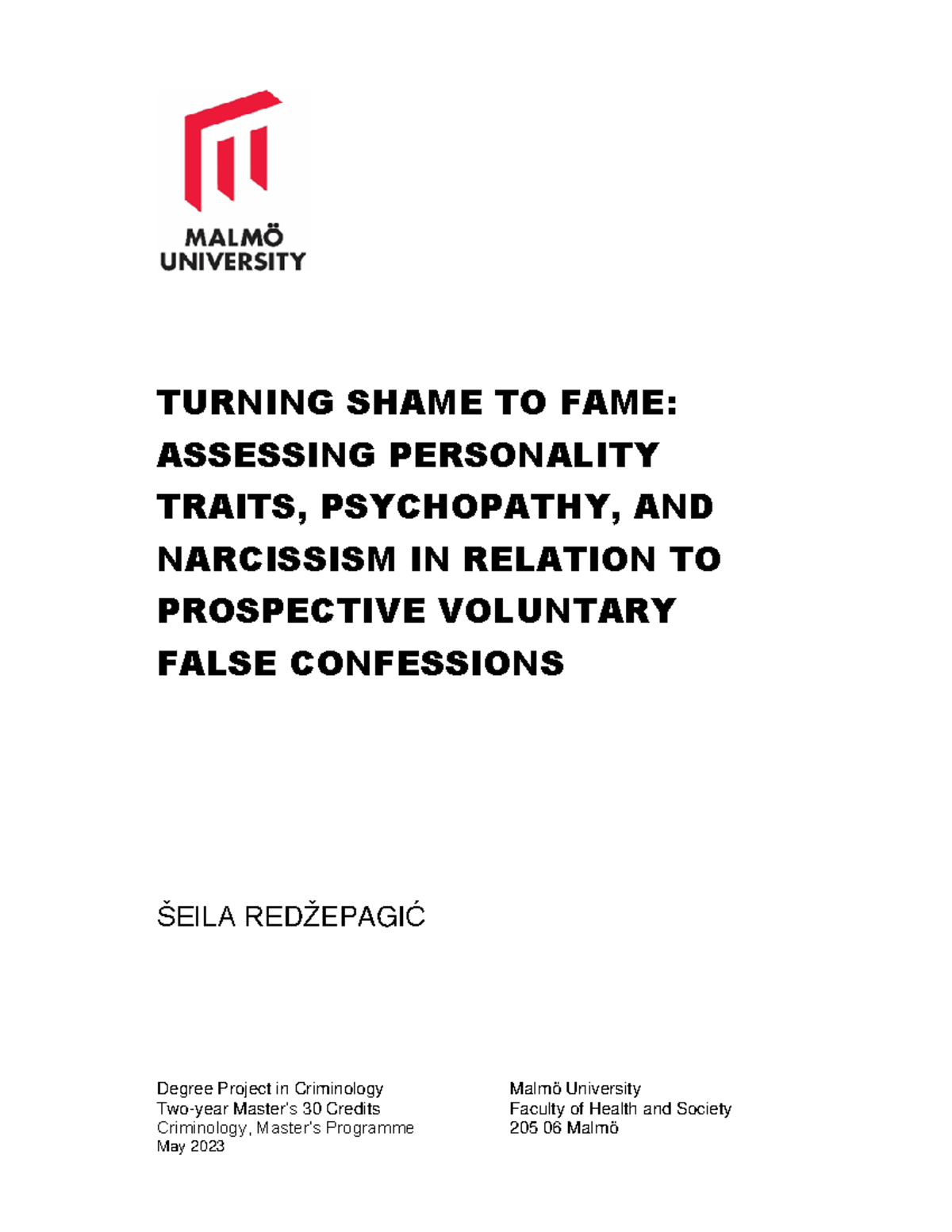 Assessing personality traits paper - Degree Project in Criminology ...