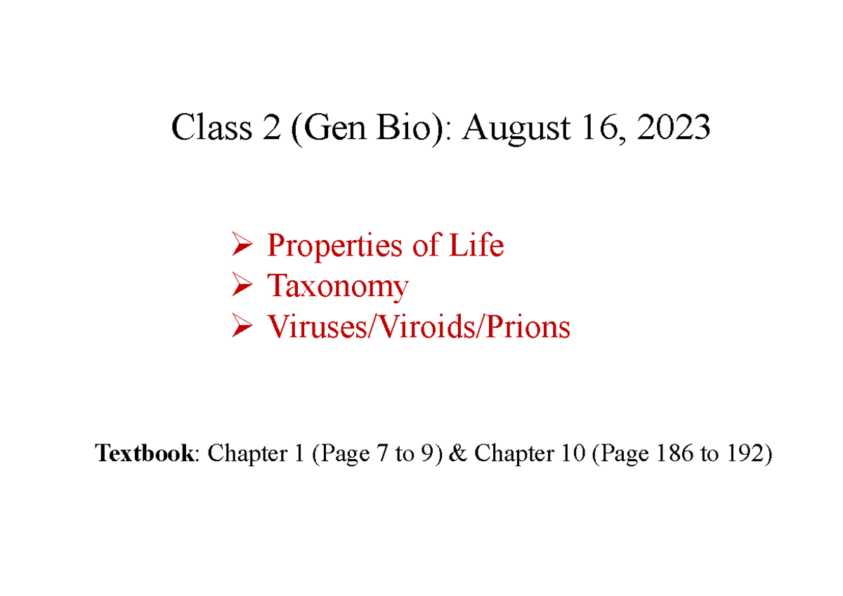 Class 2-Aug16-Taxonomy and viruses 1 - Class 2 (Gen Bio): August 16 ...