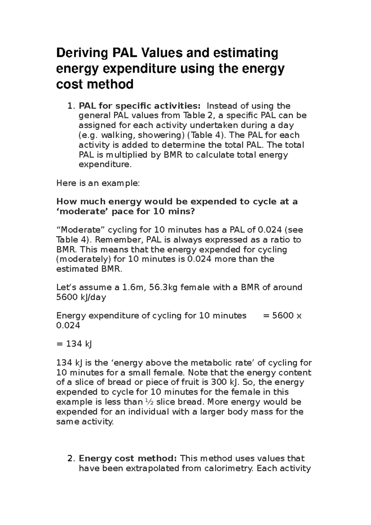 Deriving PAL Values and estimating energy expenditure using the energy ...