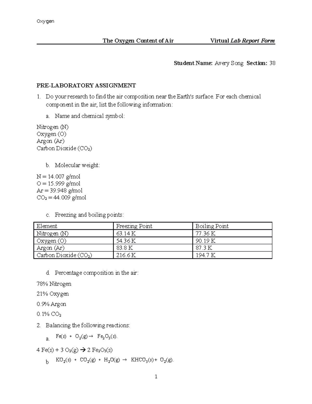 Lab3 aesong - Lab report, gen chem 11100, uchicago - The Oxygen Content ...