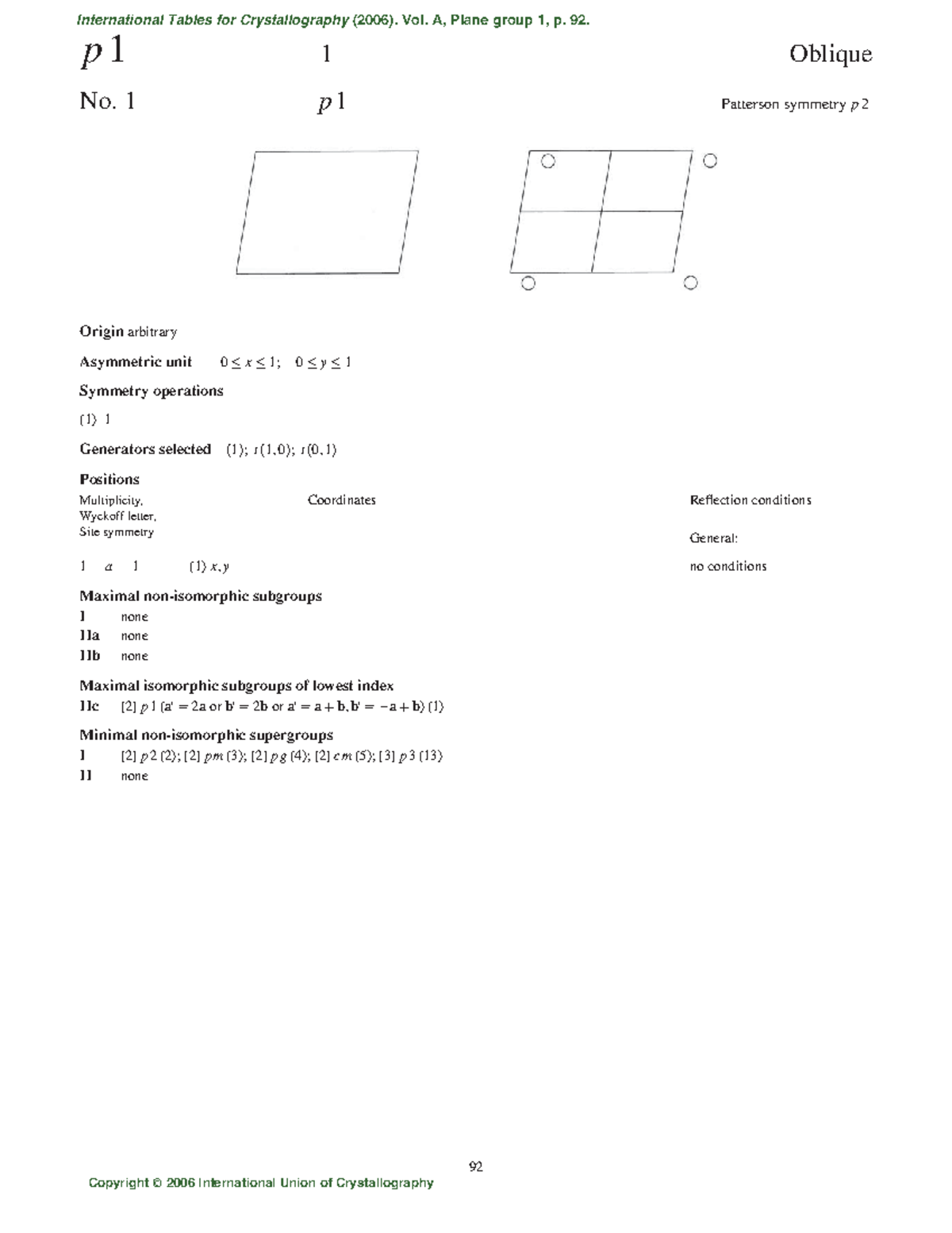 Tables For Crystallography plane groups - p 1 1 Oblique No. 1 p 1 ...
