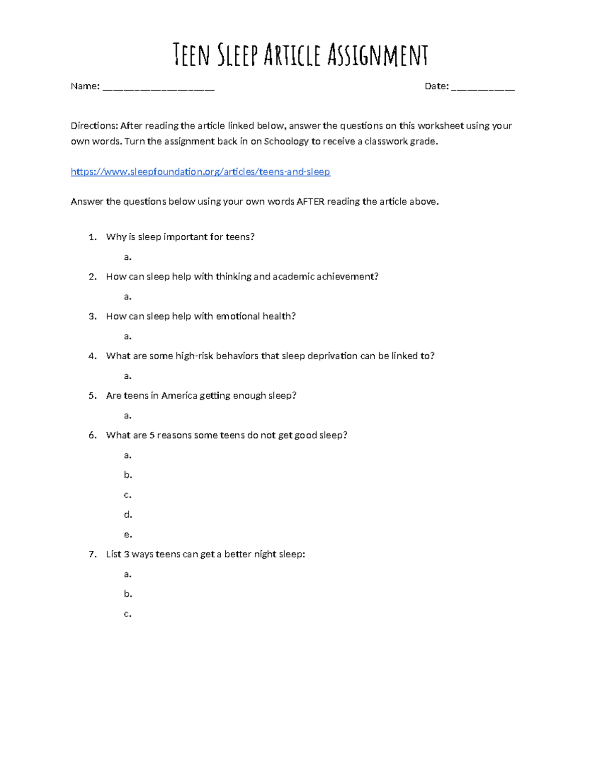 Teen Sleep Article Assignment - Turn the assignment back in on ...