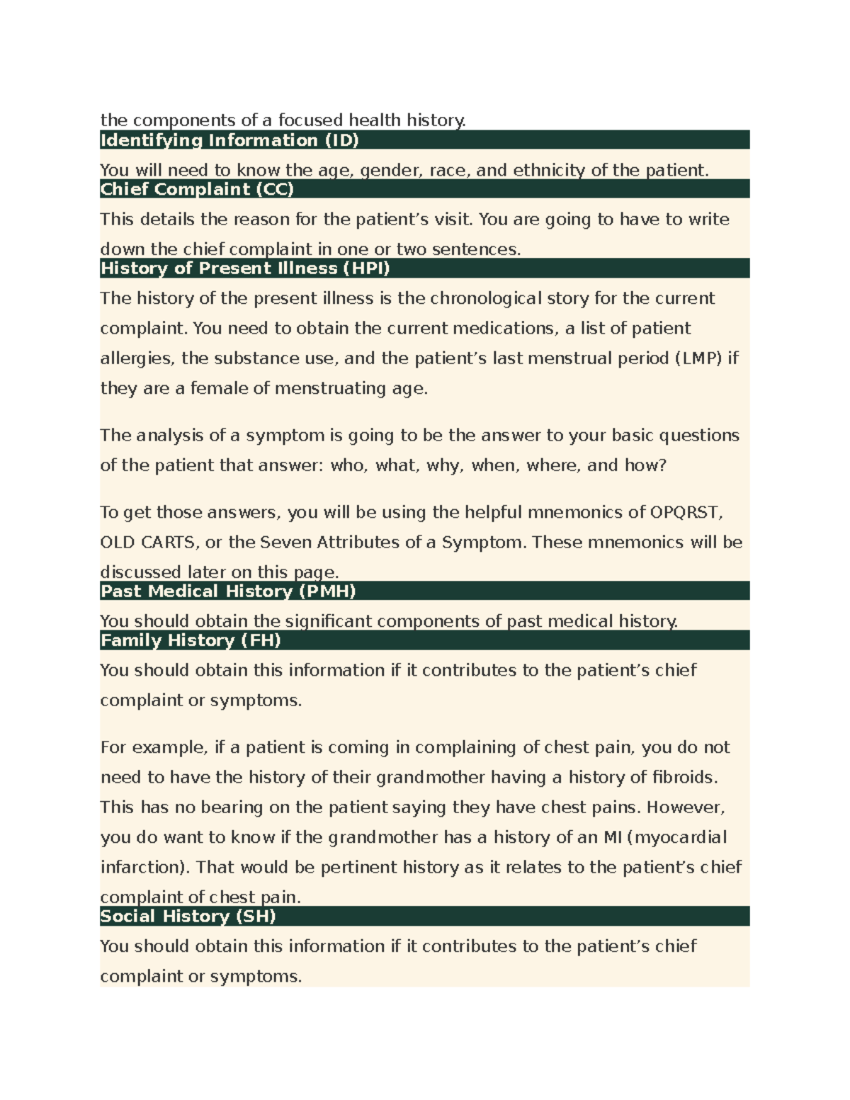 The components of a focused health history - NUR 3420 - Baylor ...