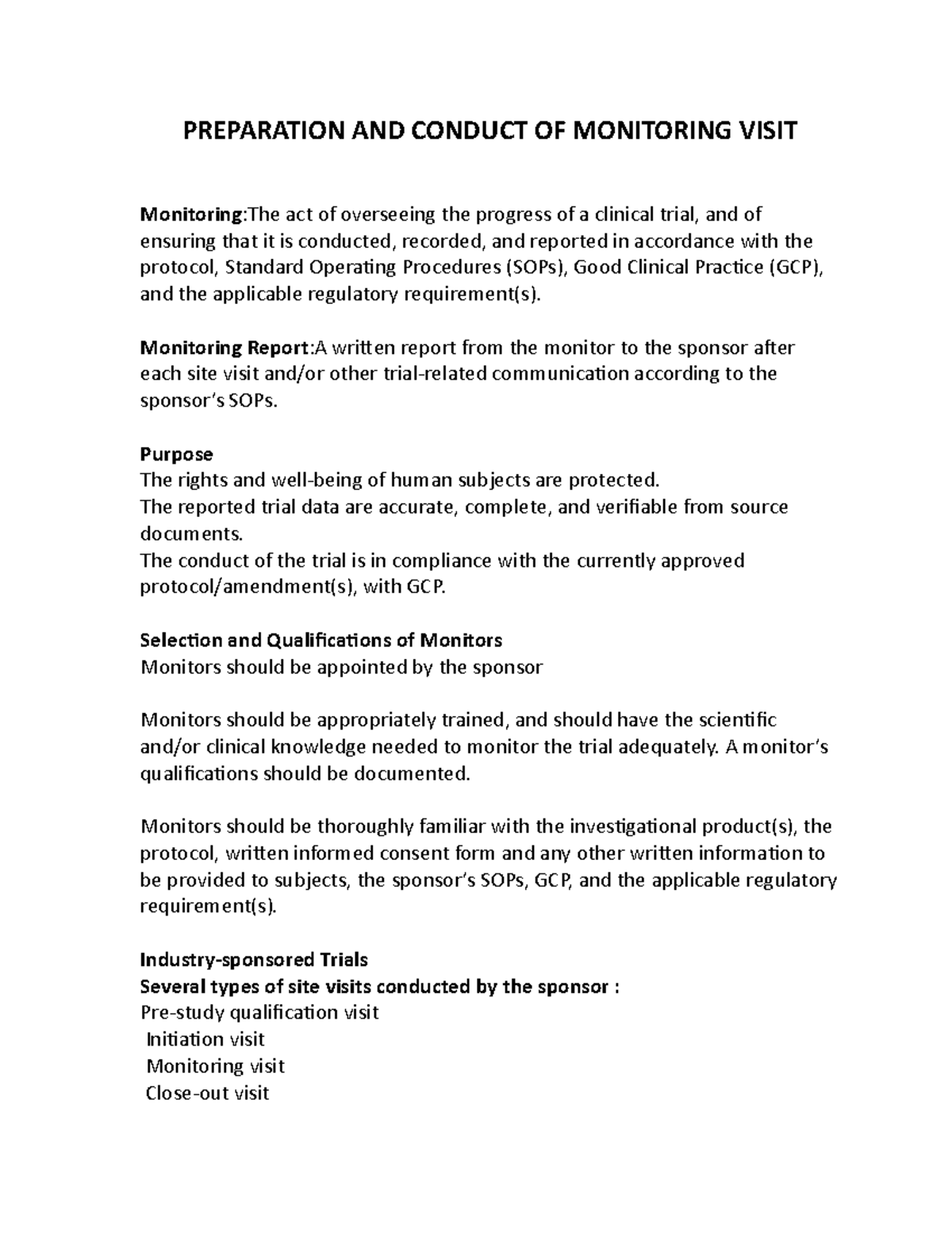 Preparation AND Conduct OF Monitoring Visit - PREPARATION AND CONDUCT ...