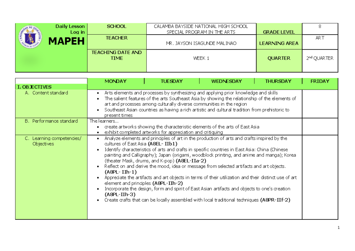 Q2 Grade 8 Arts DLL Week 1 - MONDAY TUESDAY WEDNESDAY THURSDAY FRIDAY I ...