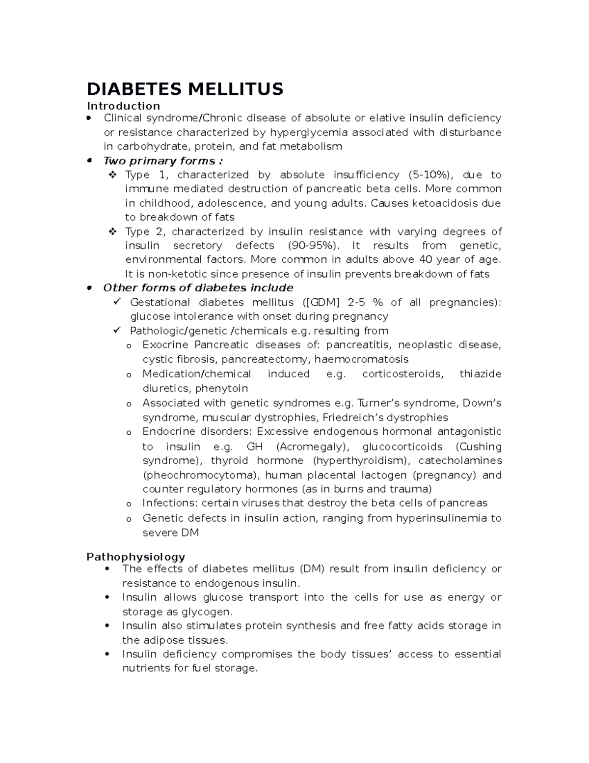 Endocrine Disorders - Notes - DIABETES MELLITUS Introduction Clinical ...