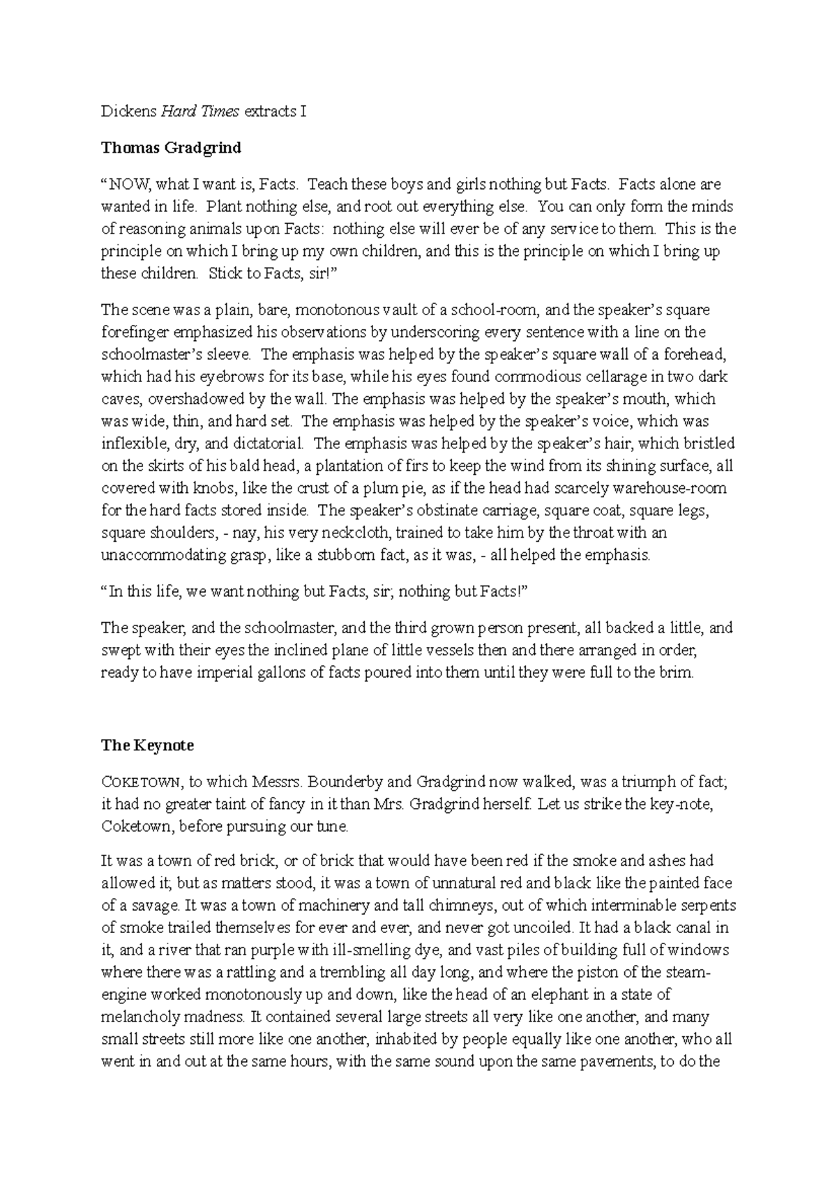 Dickens Hard Times extracts I - Dickens Hard Times extracts I Thomas ...