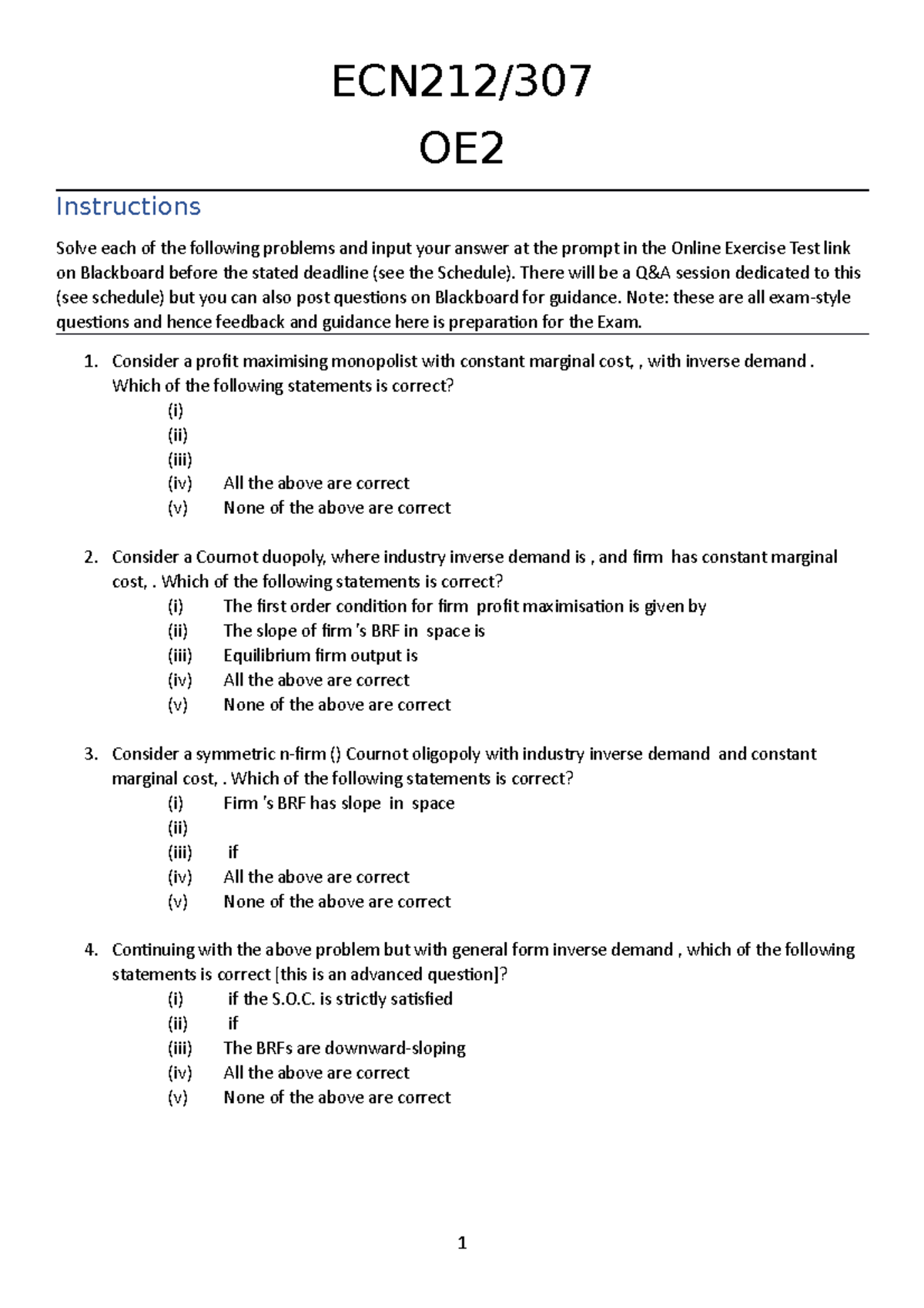 ECN212 - OE2 - key info - ECN212/ OE Instructions Solve each of the ...