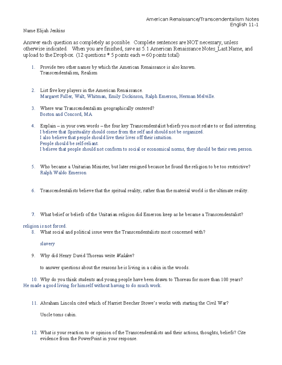 American Renaissance/Transcendentalism Notes - English 11 - American ...