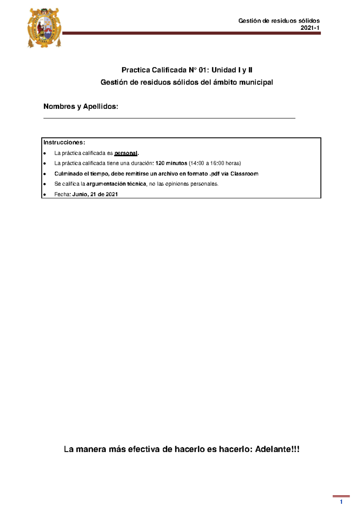 Práctica Calificada N° 01 Unidad I San Marcos - 2021- Practica Calificada N° 01: Unidad I y II ...