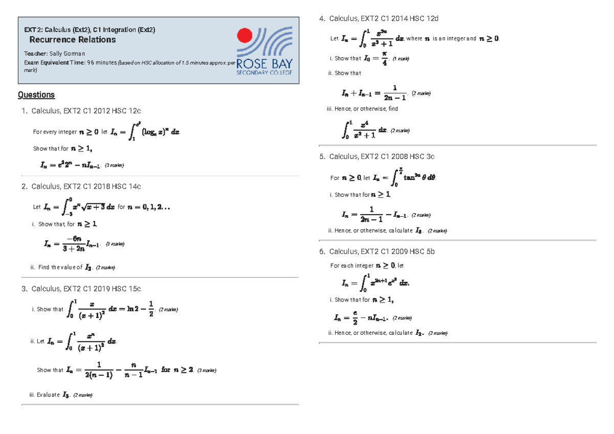 Ex2 Integration 3 - hsc materials ext2 - 1. Calculus, EXT2 C1 2012 HSC ...