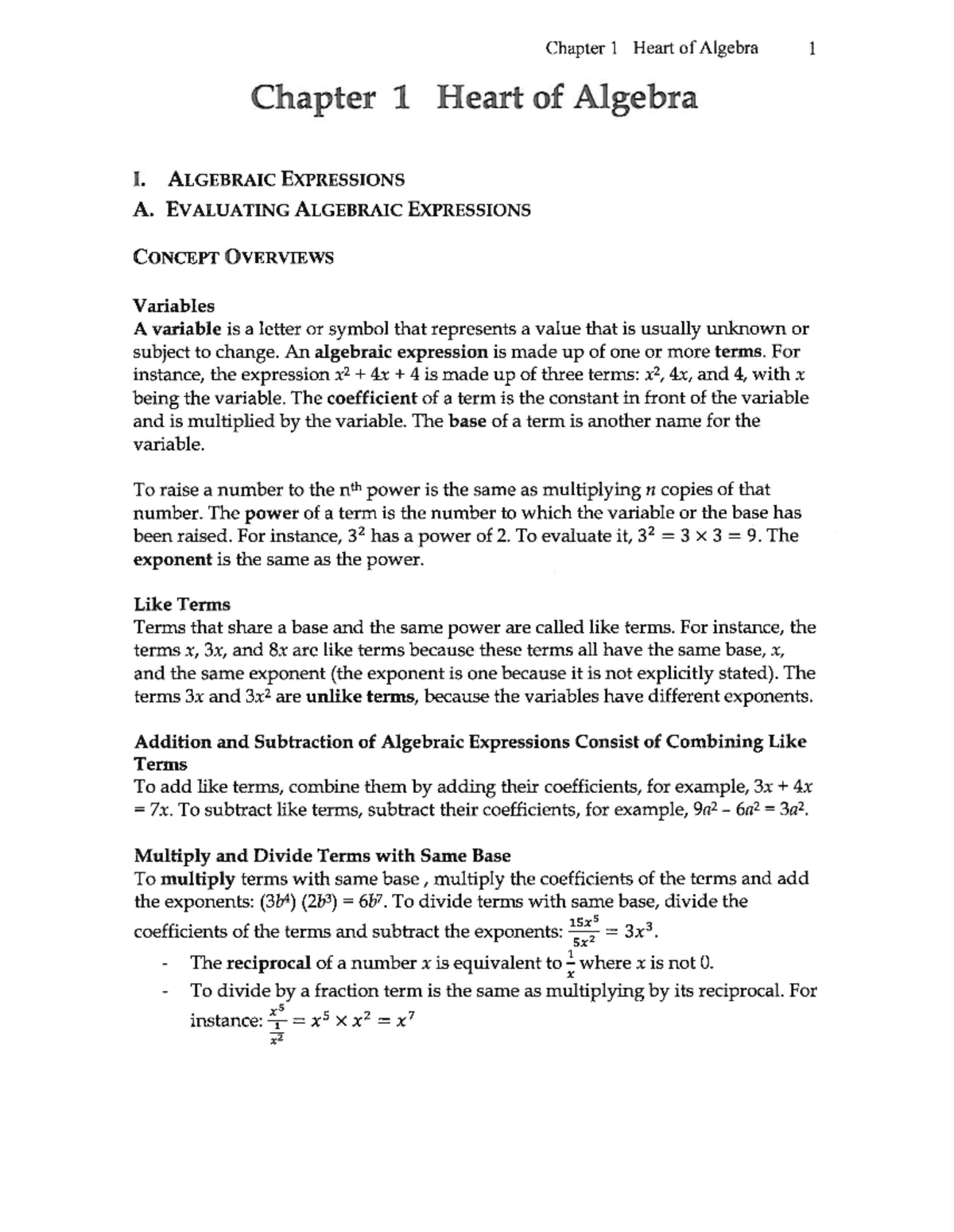 Chapter 1 - Heart of Algebra - ALGEBRAIC EXPRESSIONS A. EVALUATING ...