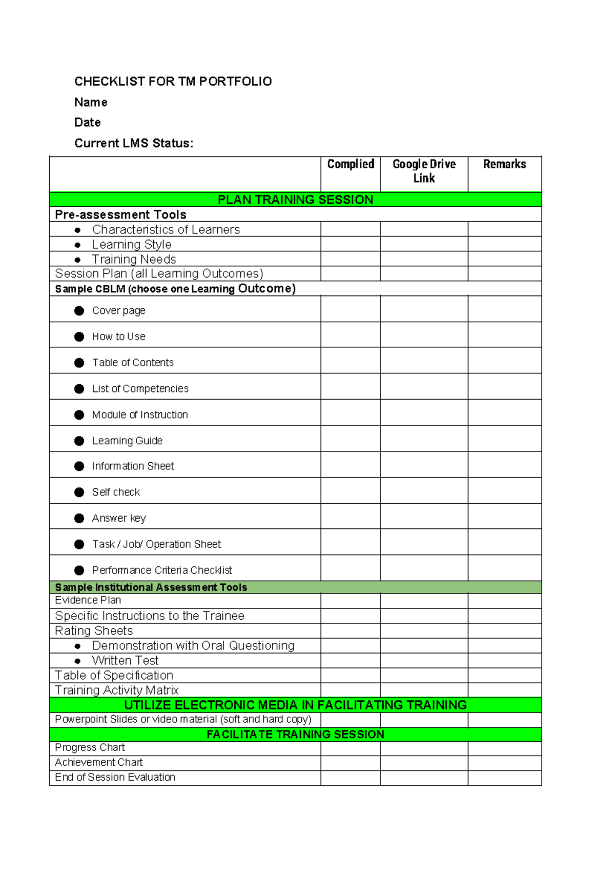 Plan training kristine - ####### CHECKLIST FOR TM PORTFOLIO ...