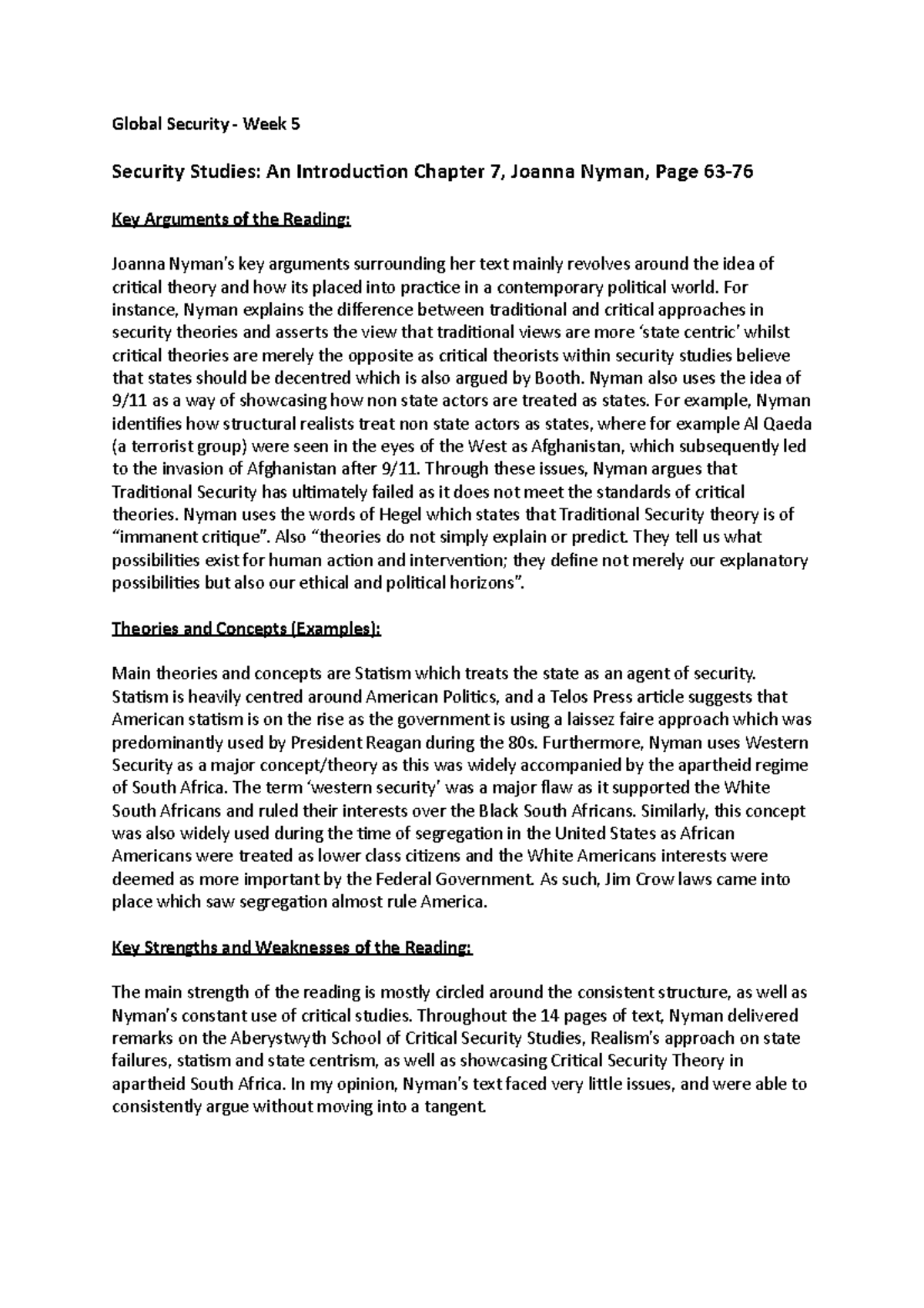 Week 5 - reading notes - Global Security - Week 5 Security Studies: An ...