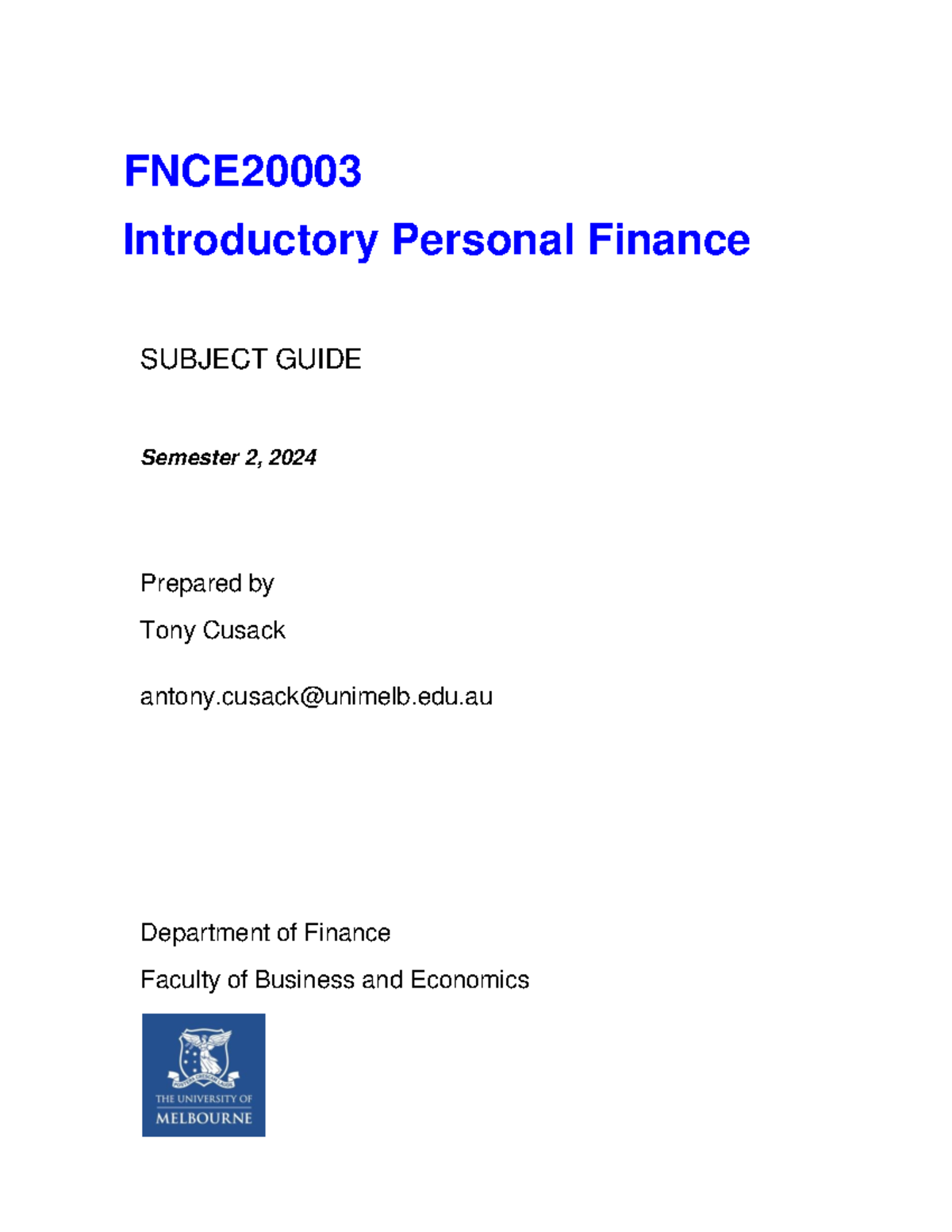 FNCE2000 3-Subject Guide-2024 - FNCE Introductory Personal Finance ...