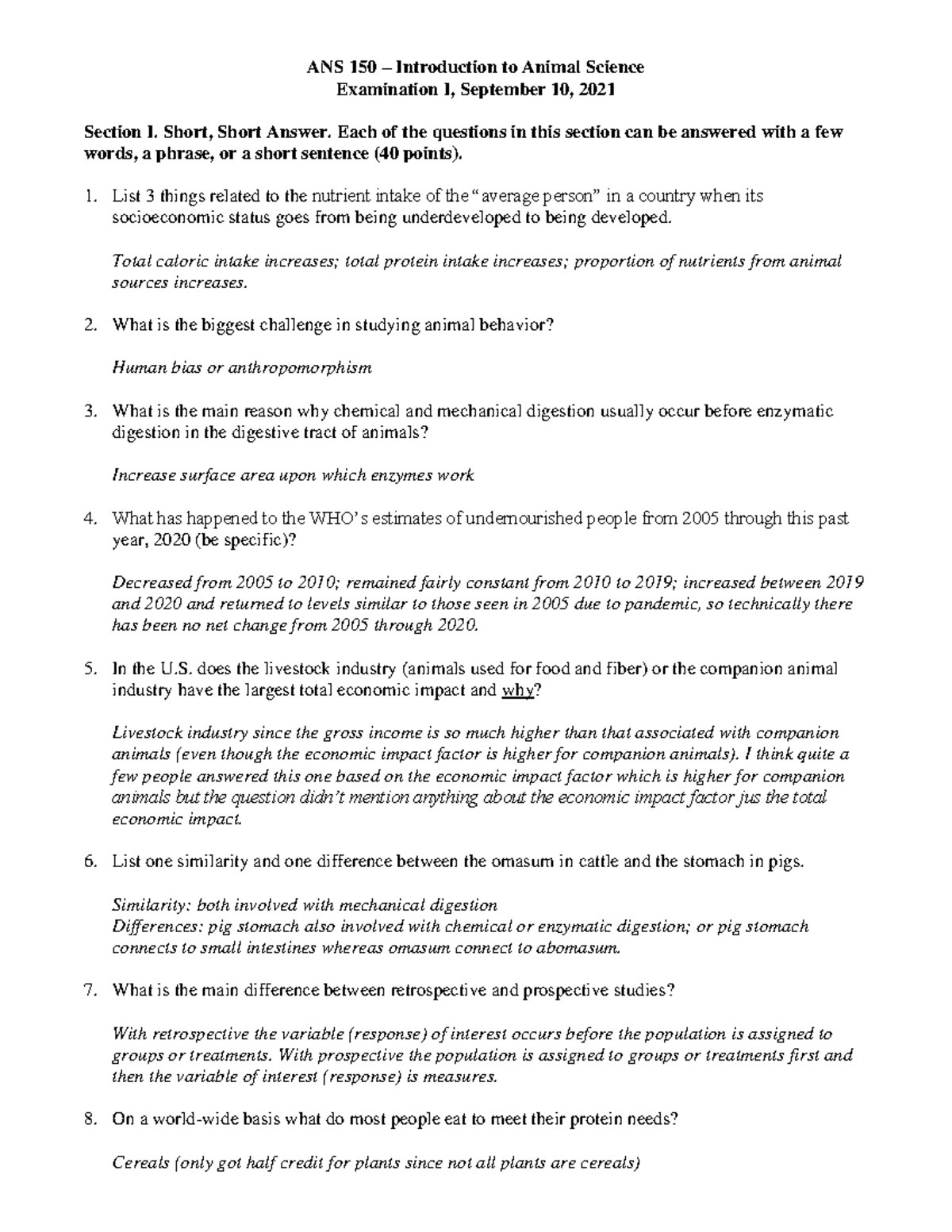 ANS150 E1 2021 Answer Key - ANS 150 – Introduction to Animal Science ...