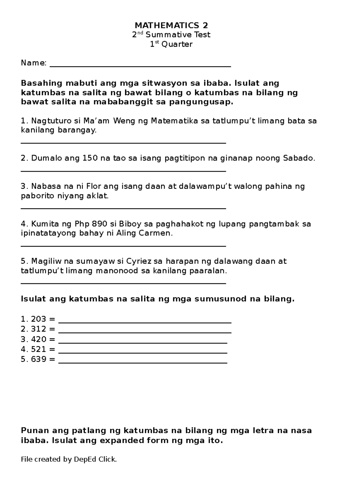 MATH2 ST2 Q1 - Summative for Grade 2 - MATHEMATICS 2 2 nd Summative ...
