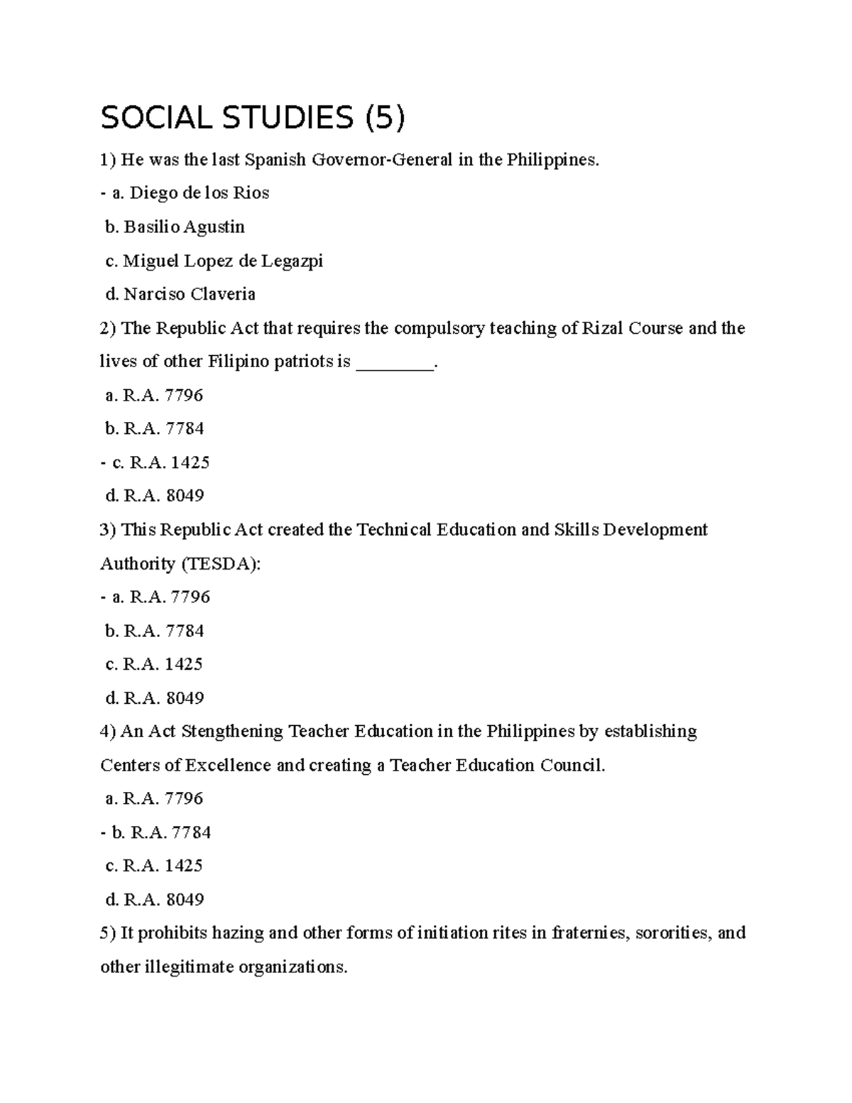 Social Studies - Study well - SOCIAL STUDIES (5) He was the last ...